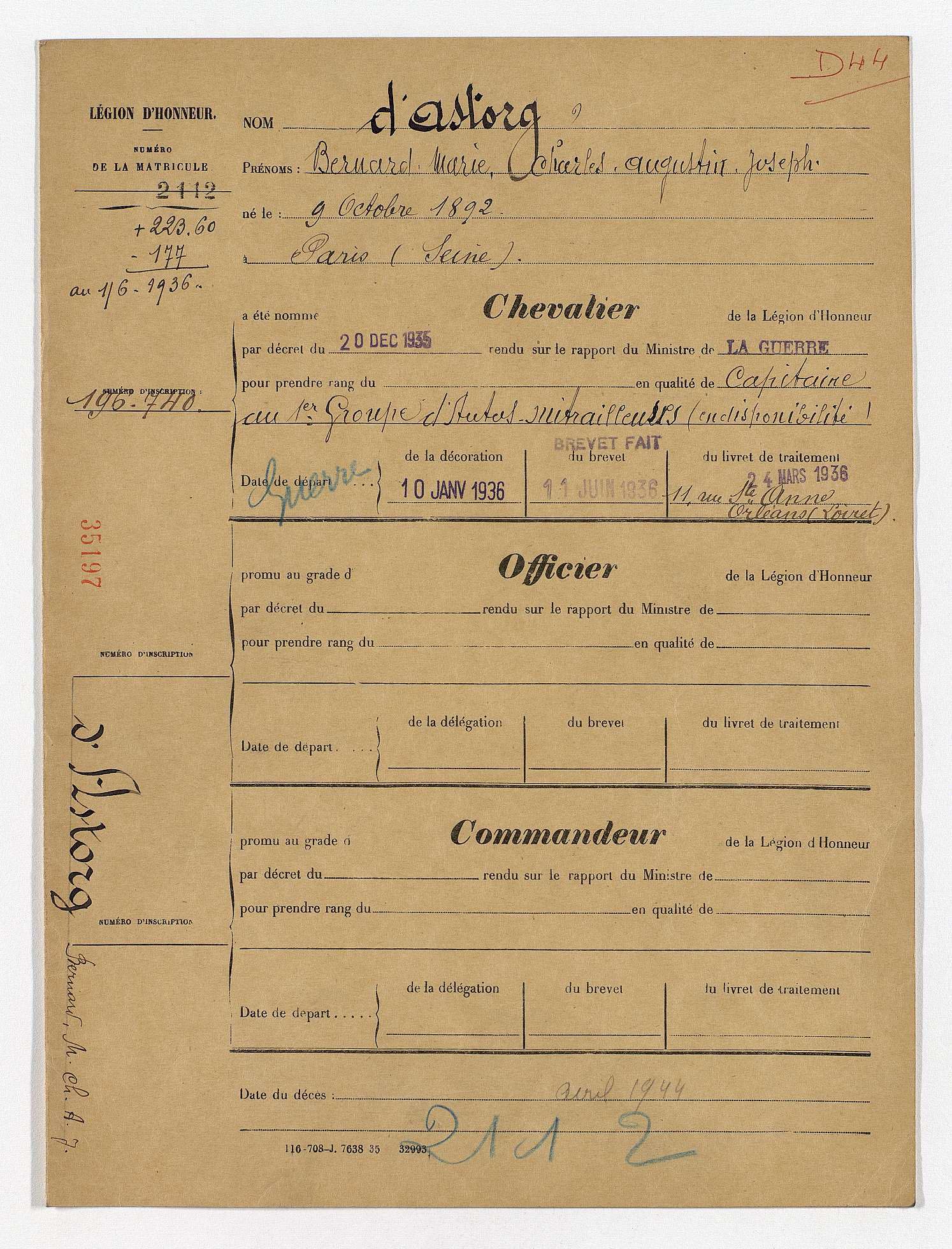 Astorg D', Bernard Marie Charles Augustin Joseph (1892 ...