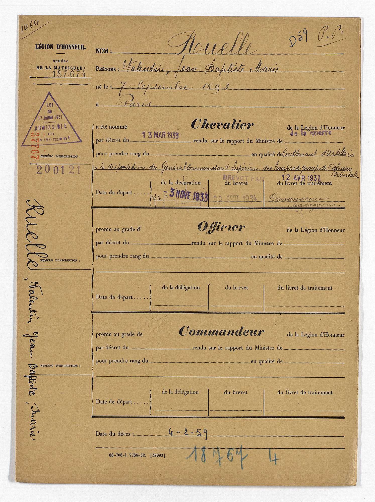 Ruelle, Valentin Jean Baptiste Marie (1893-....) (FranceArchives)