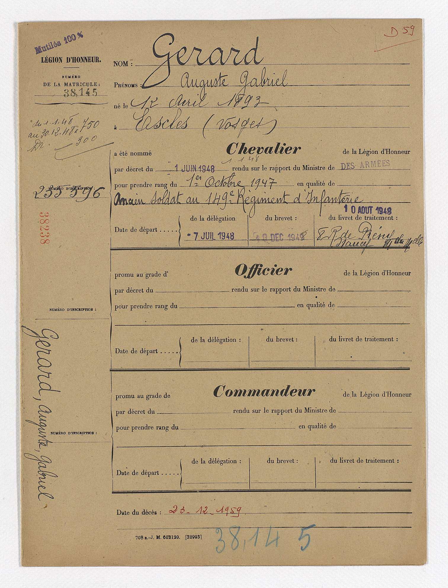 Gerard, Auguste Gabriel (1893-....) (FranceArchives)