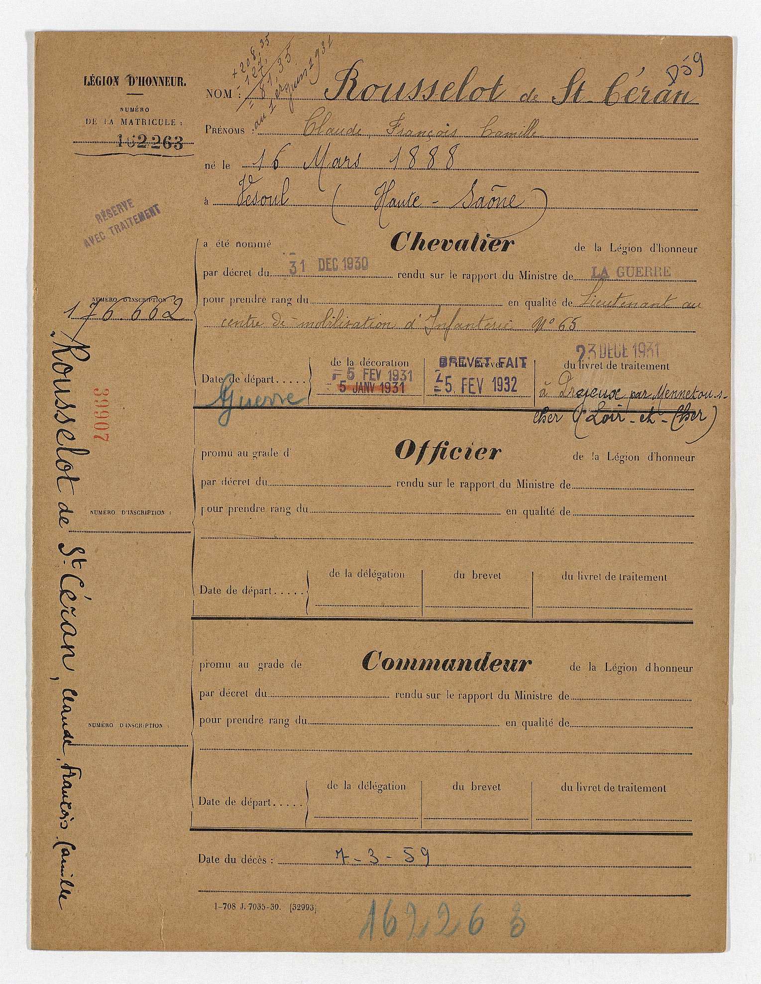 Rousselot De Saint-céran, Claude François Camille (1888 ...