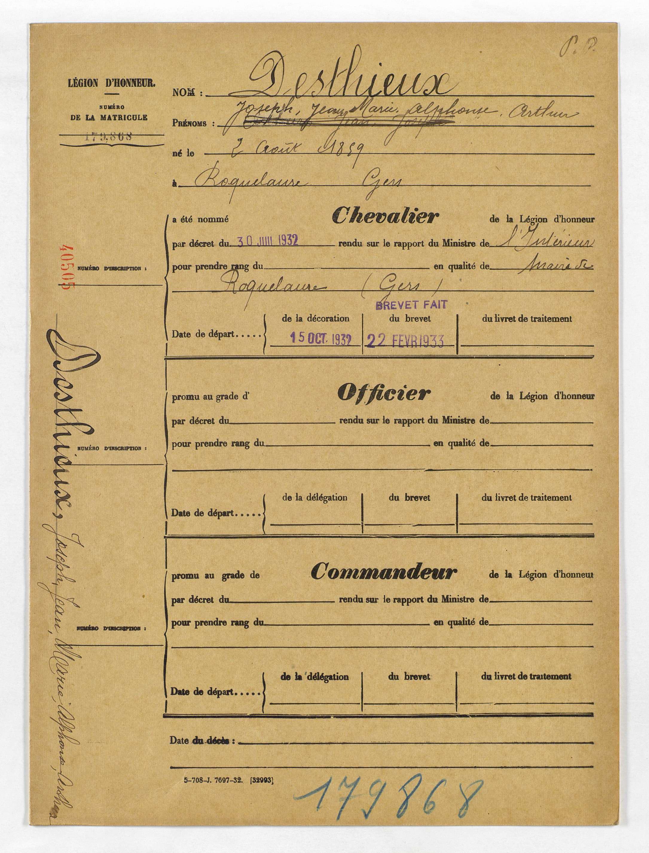 Desthieux, Joseph Jean Marie Alphonse Arthur (1859-....) (FranceArchives)