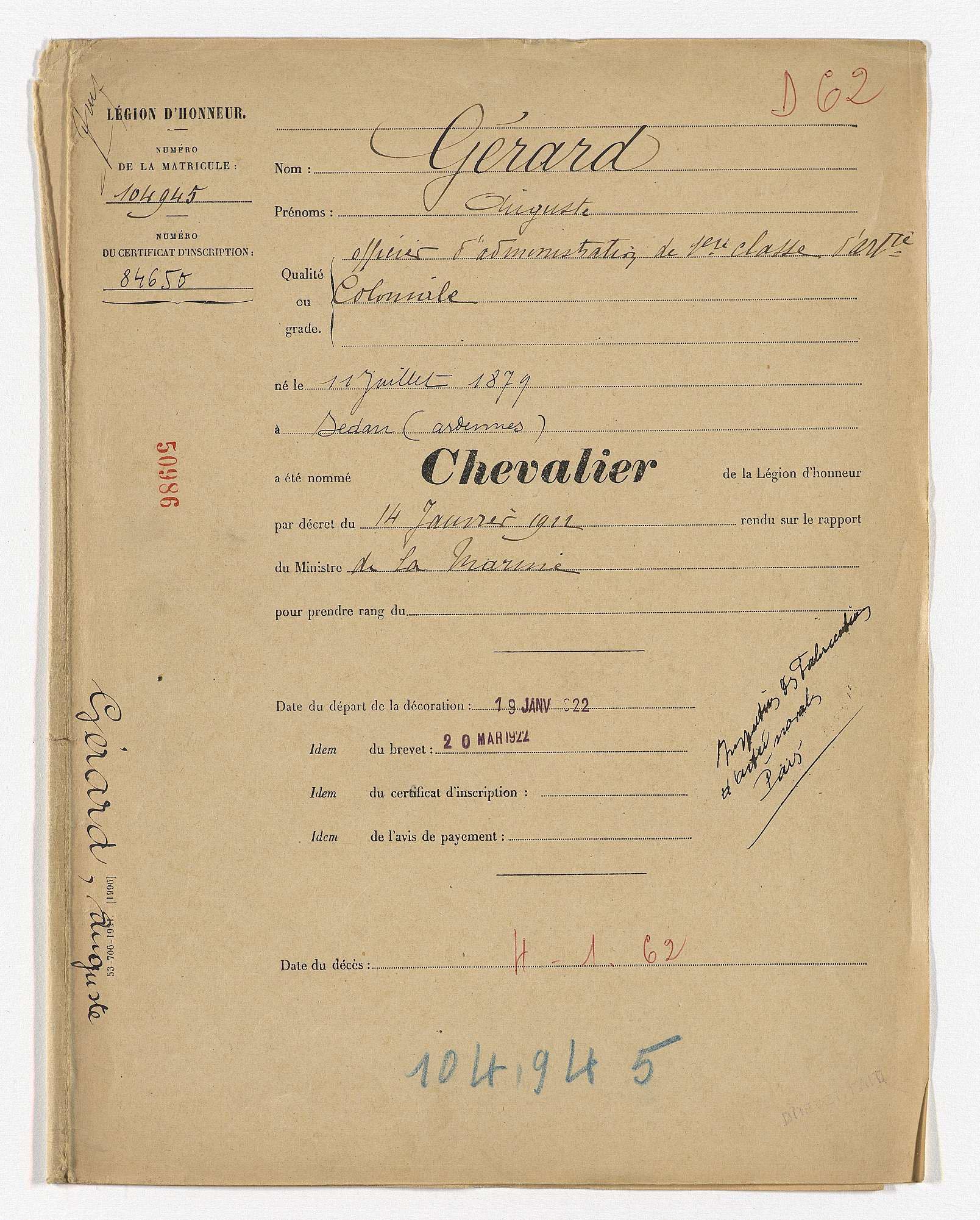 Gérard, Auguste (1879-....) (FranceArchives)