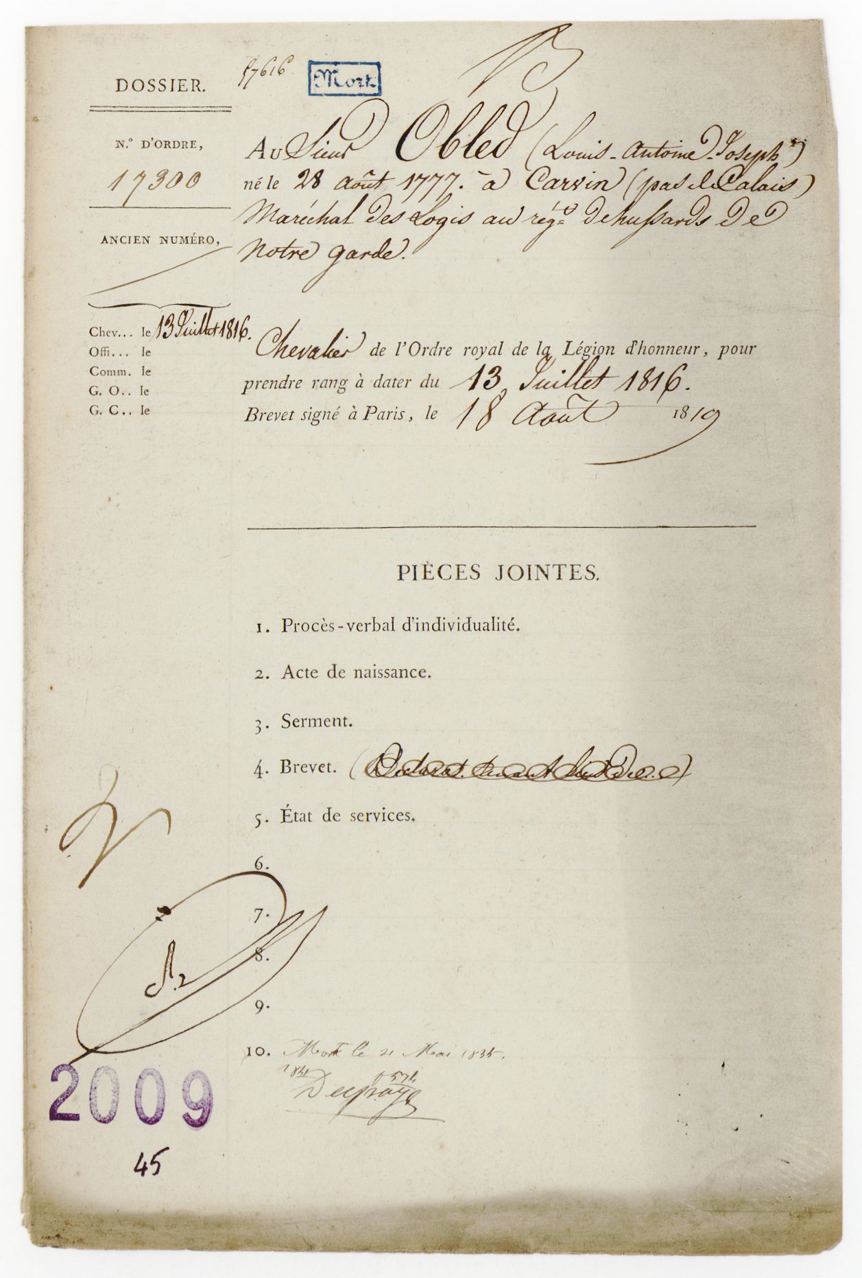 Obled, Louis Antoine Joseph (1777-....) (FranceArchives)