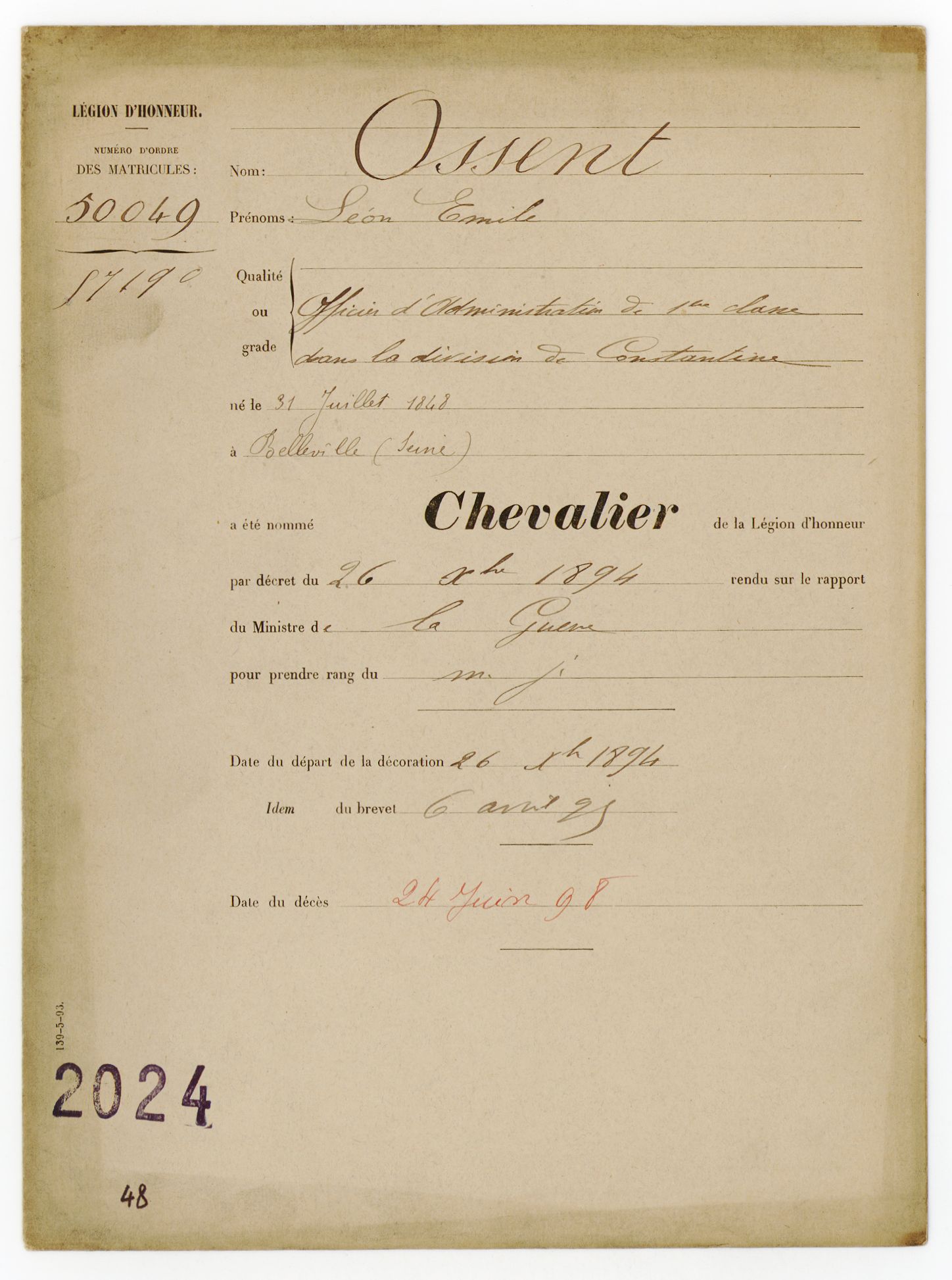 Ossent, Léon Emile (1848-....) (FranceArchives)