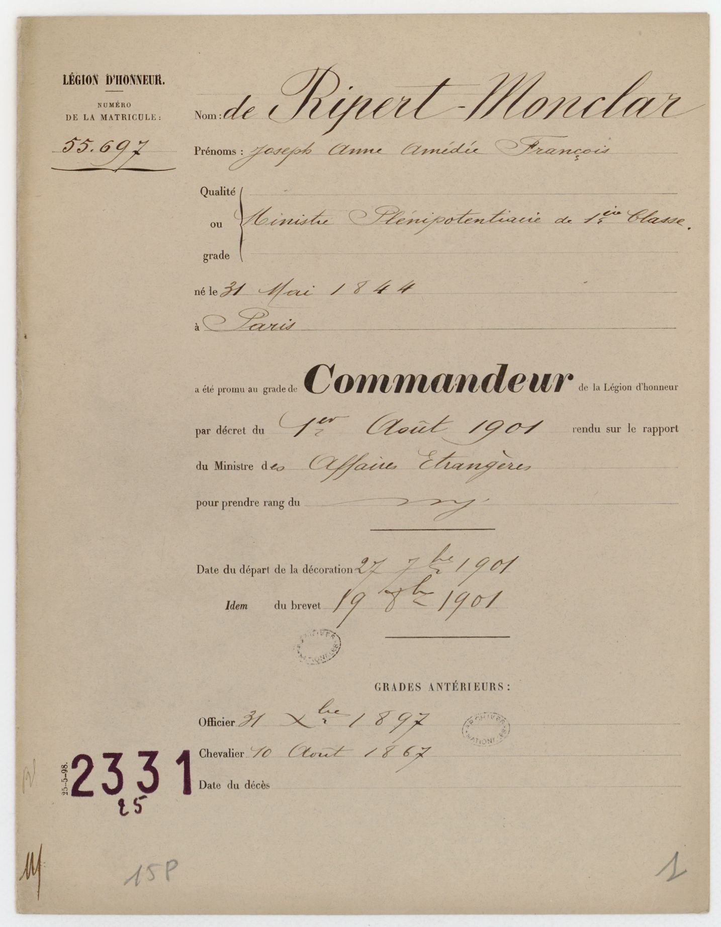 Ripert-monclar De, Joseph Anne Amédée François (1844-....) (FranceArchives)