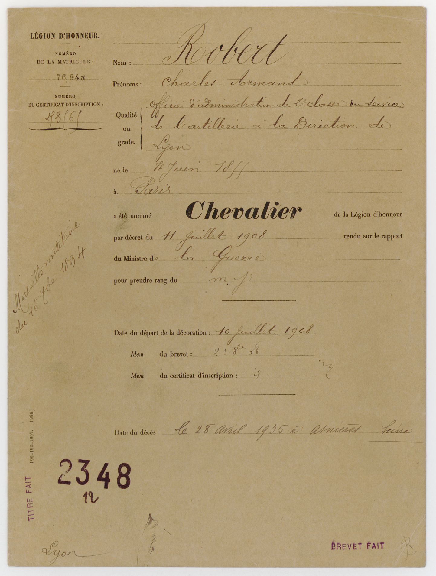 Robert, Charles Armand (1855-....) (FranceArchives)