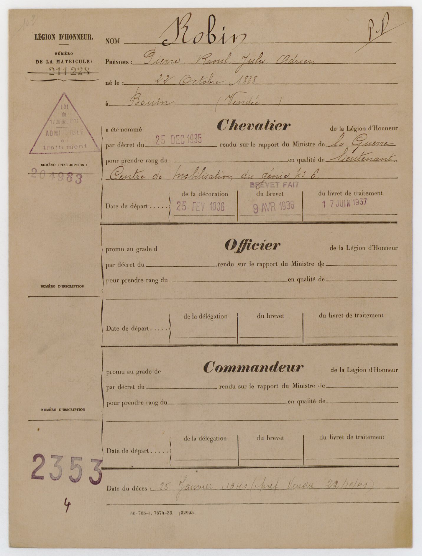 Robin, Pierre Raoul Jules Adrien (1888-....) (FranceArchives)