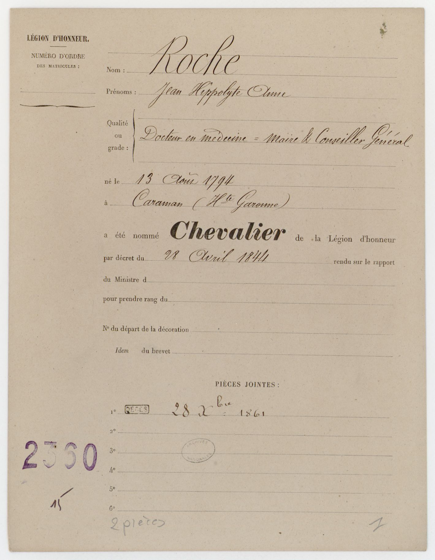 Roche, Jean Hyppolite Anne (1794-....) (FranceArchives)