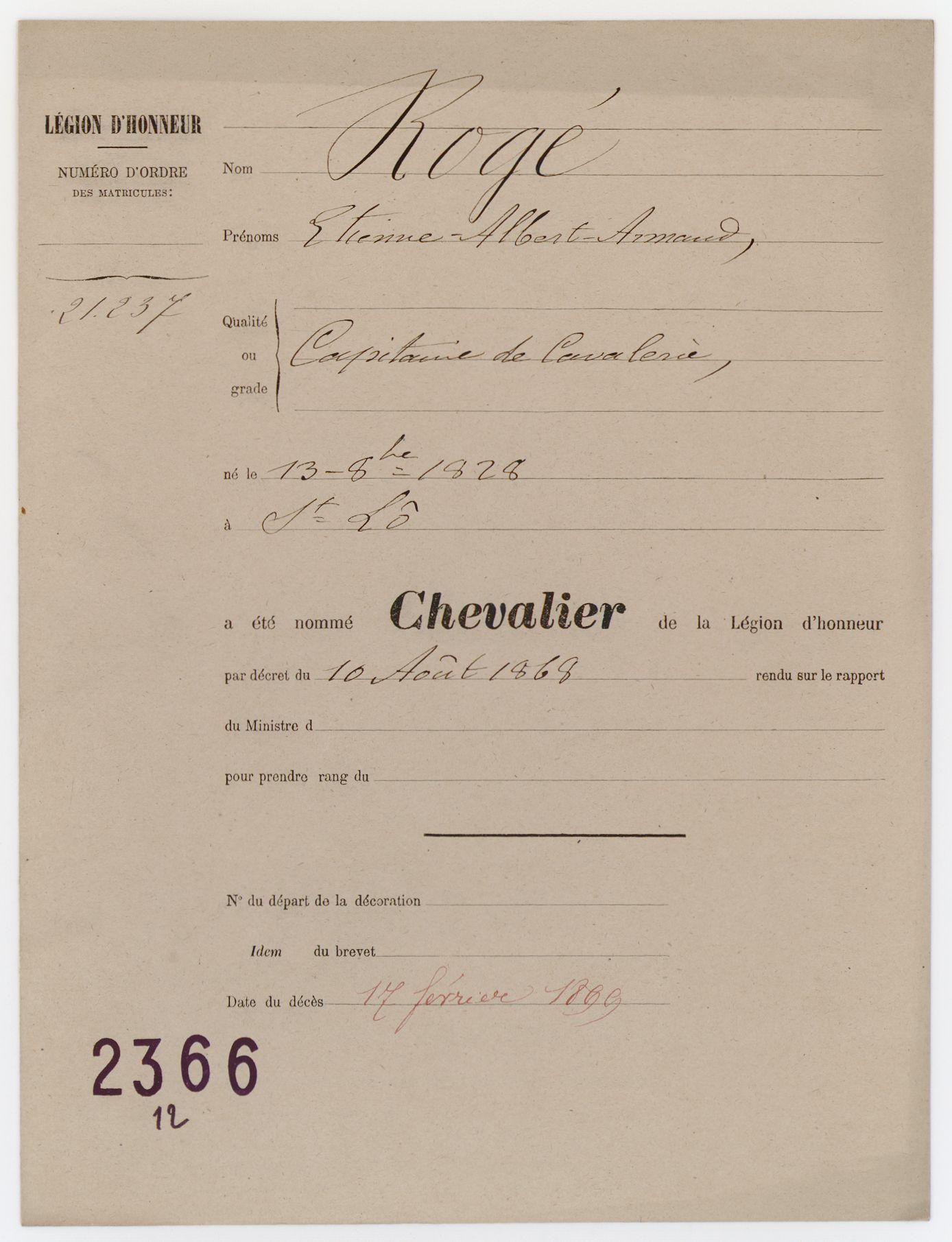 Roge, Etienne Albert Armand (1828-....) (FranceArchives)