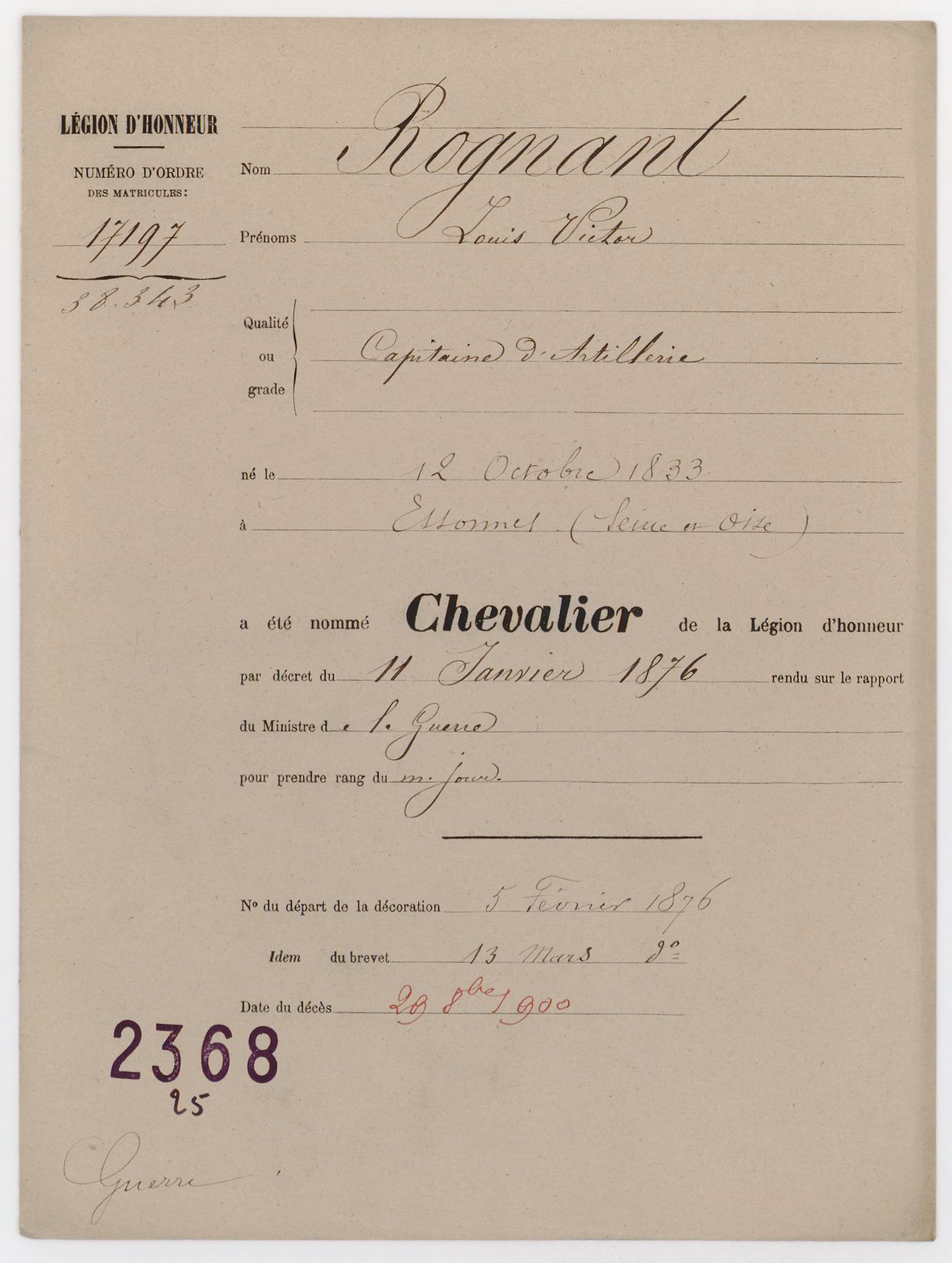 Rognant, Louis Victor (1833-....) (FranceArchives)