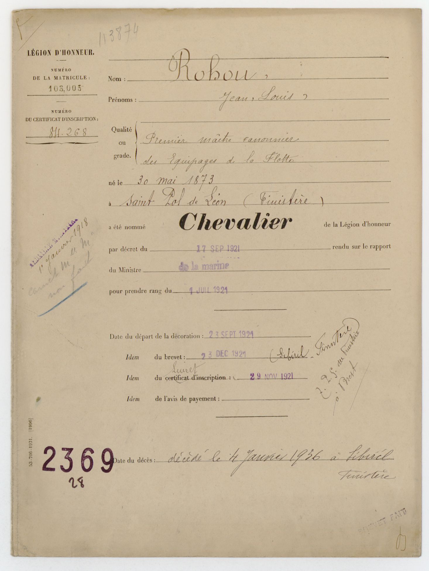 Rohou, Jean Louis (1873-....) (FranceArchives)