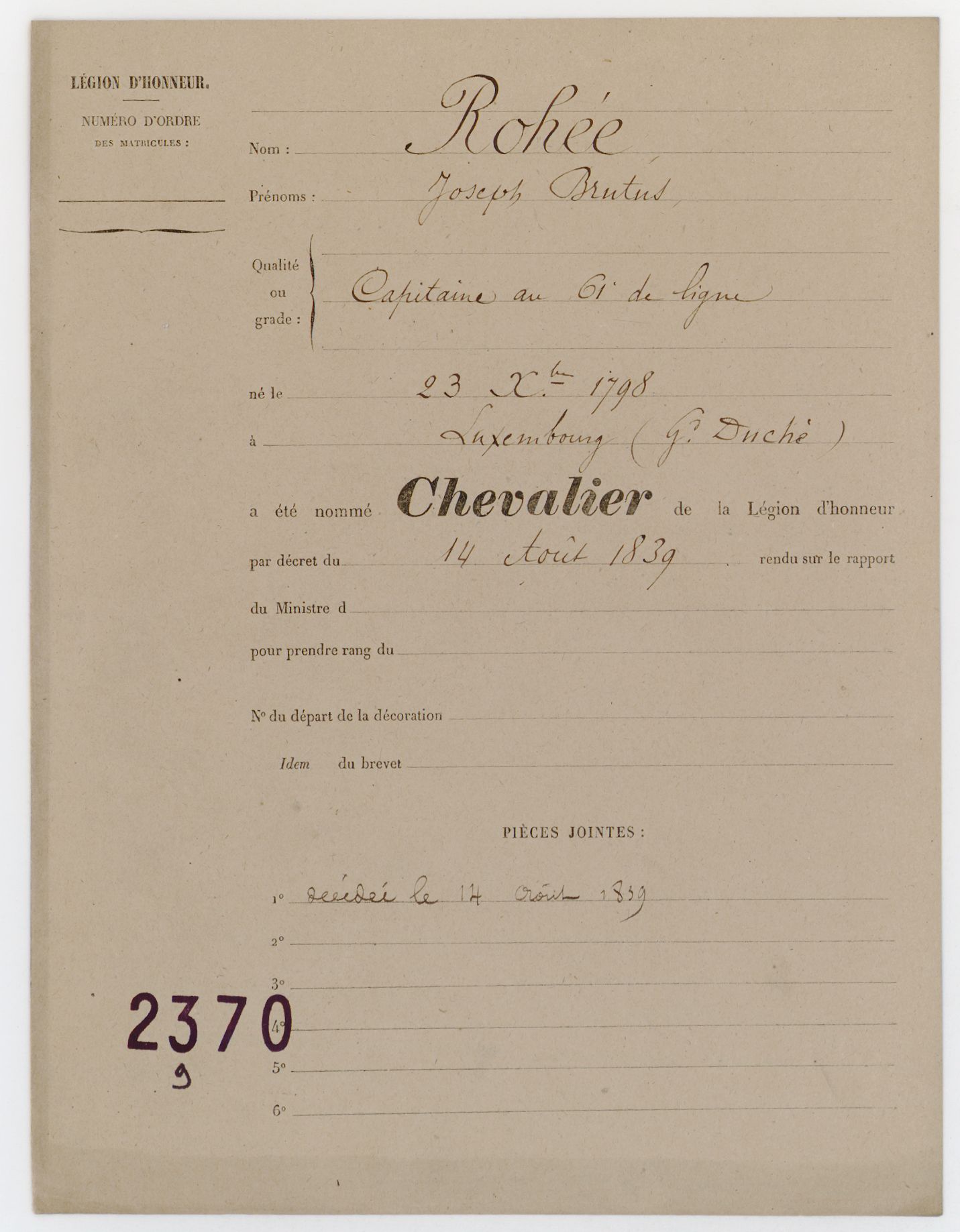 Rohee, Joseph Brutus (1798-....) (FranceArchives)