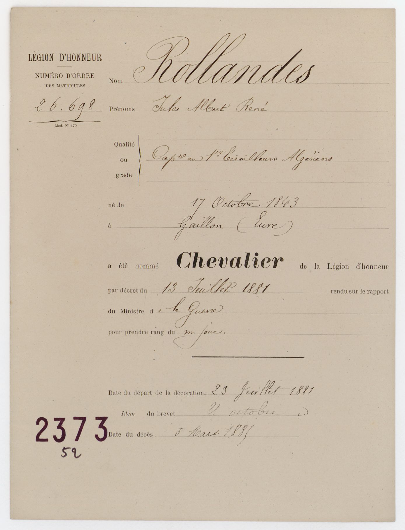Rollandes, Jules Albert René (1843-....) (FranceArchives)