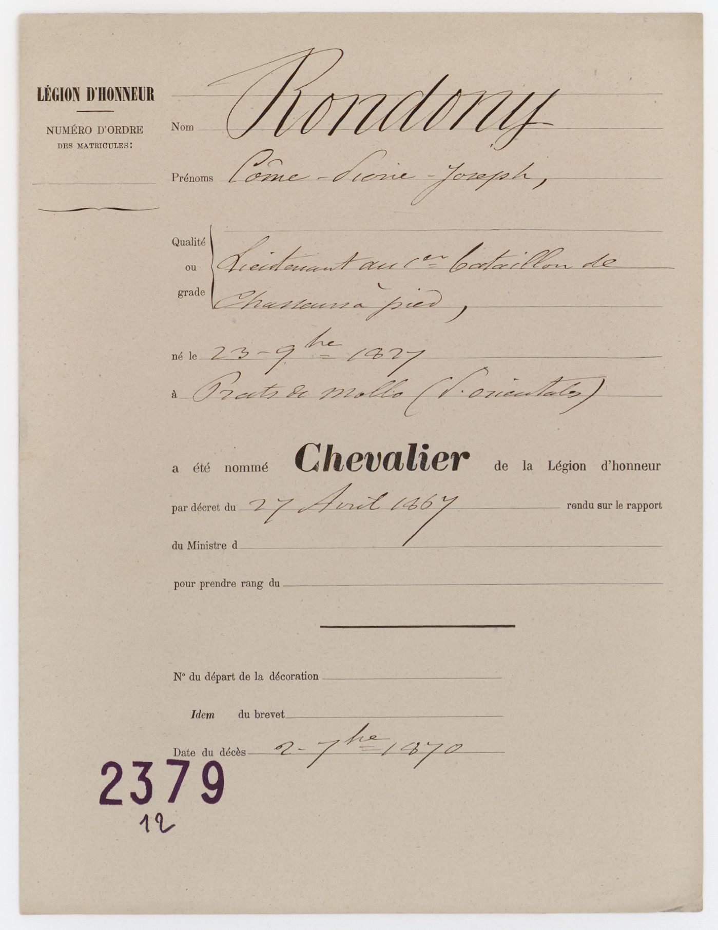 Rondony, Come Pierre Joseph (1827-....) (FranceArchives)