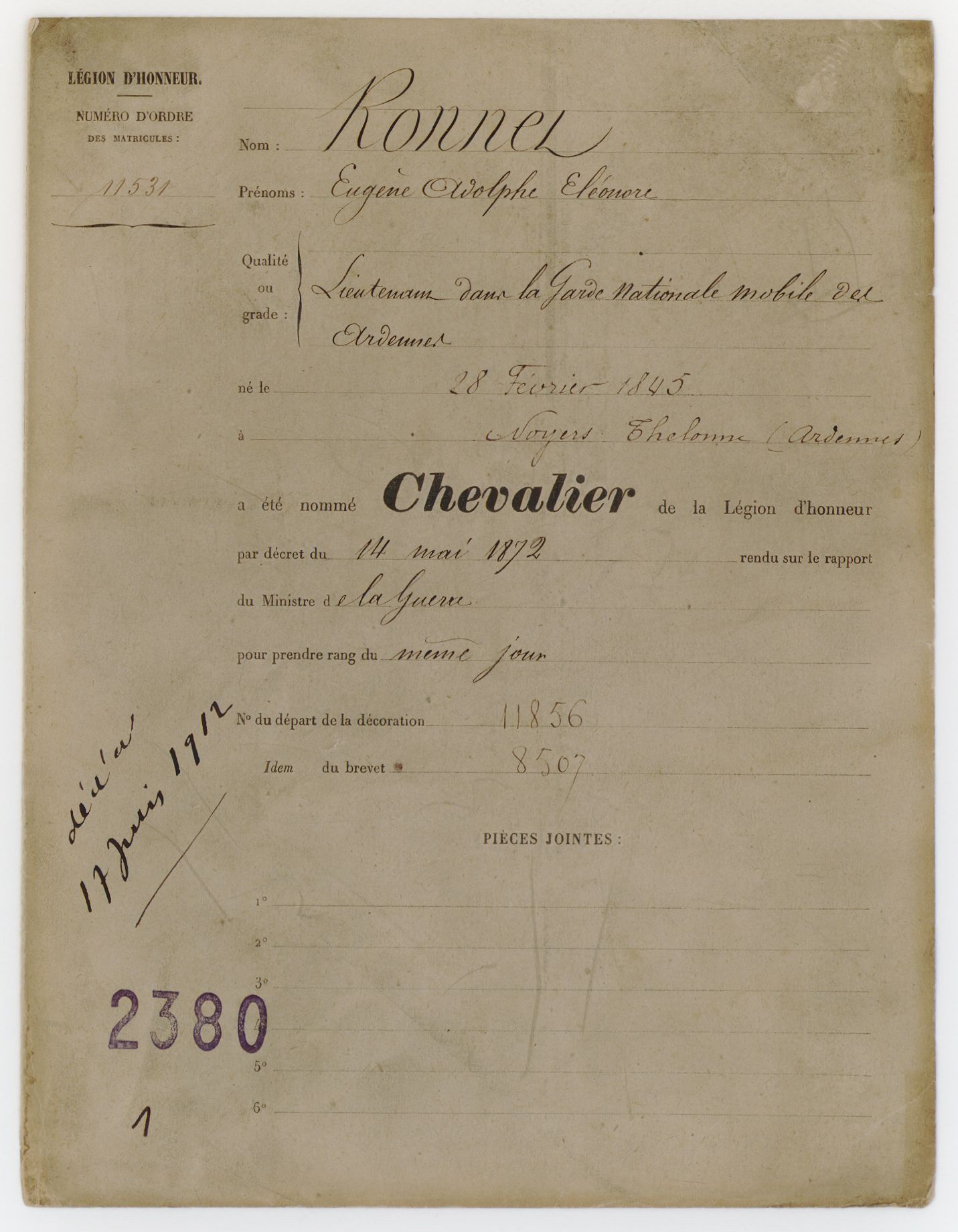 Ronnet, Eugène Adolphe Eléonore (1845-....) (FranceArchives)