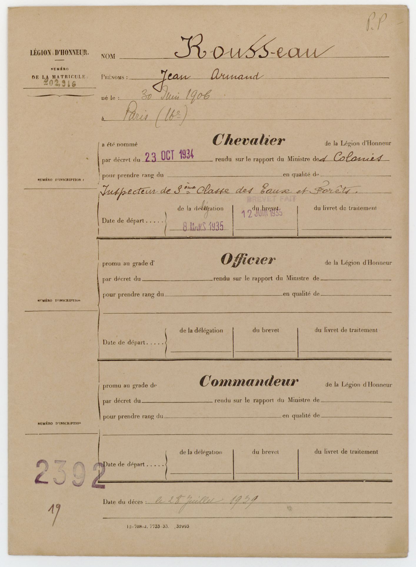 Rousseau, Jean Armand (1906-....) (FranceArchives)