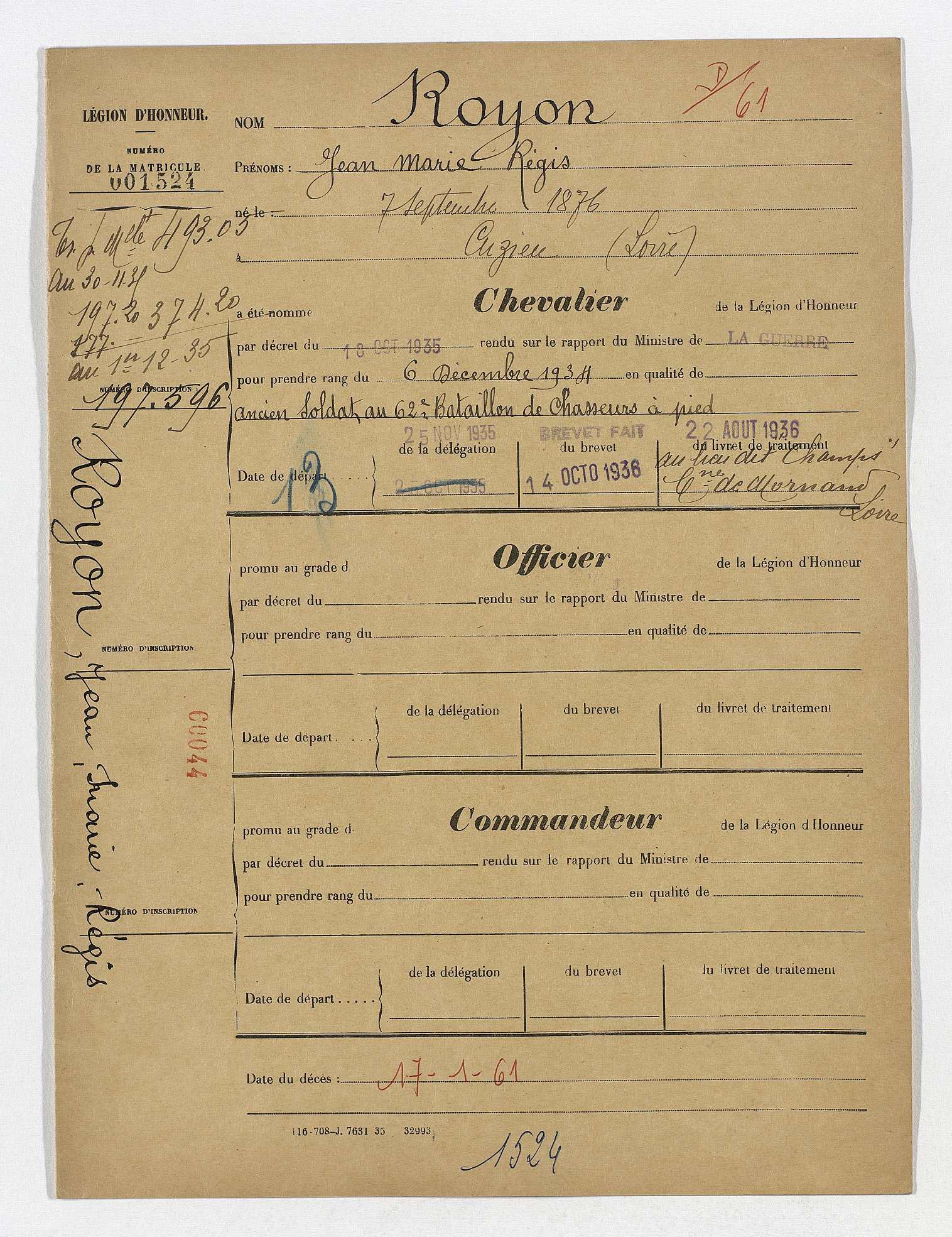 Royon, Jean Marie Régis (1876-....) (FranceArchives)