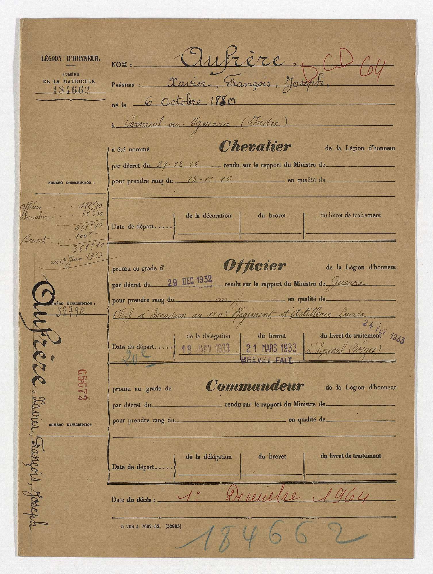 Aufrère, Xavier François Joseph (1880-....) (FranceArchives)