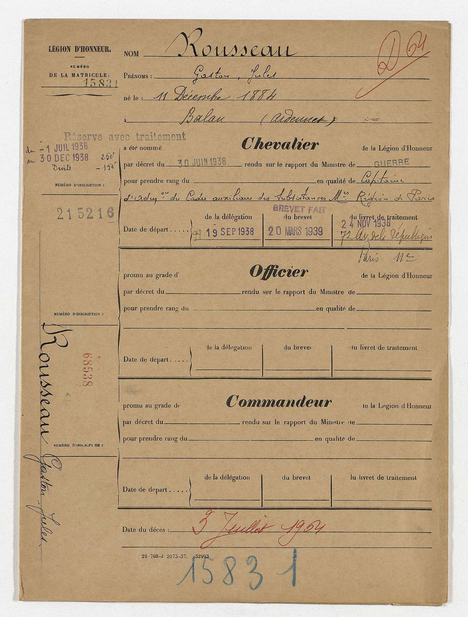 Rousseau, Gaston Jules (1884-....) (FranceArchives)