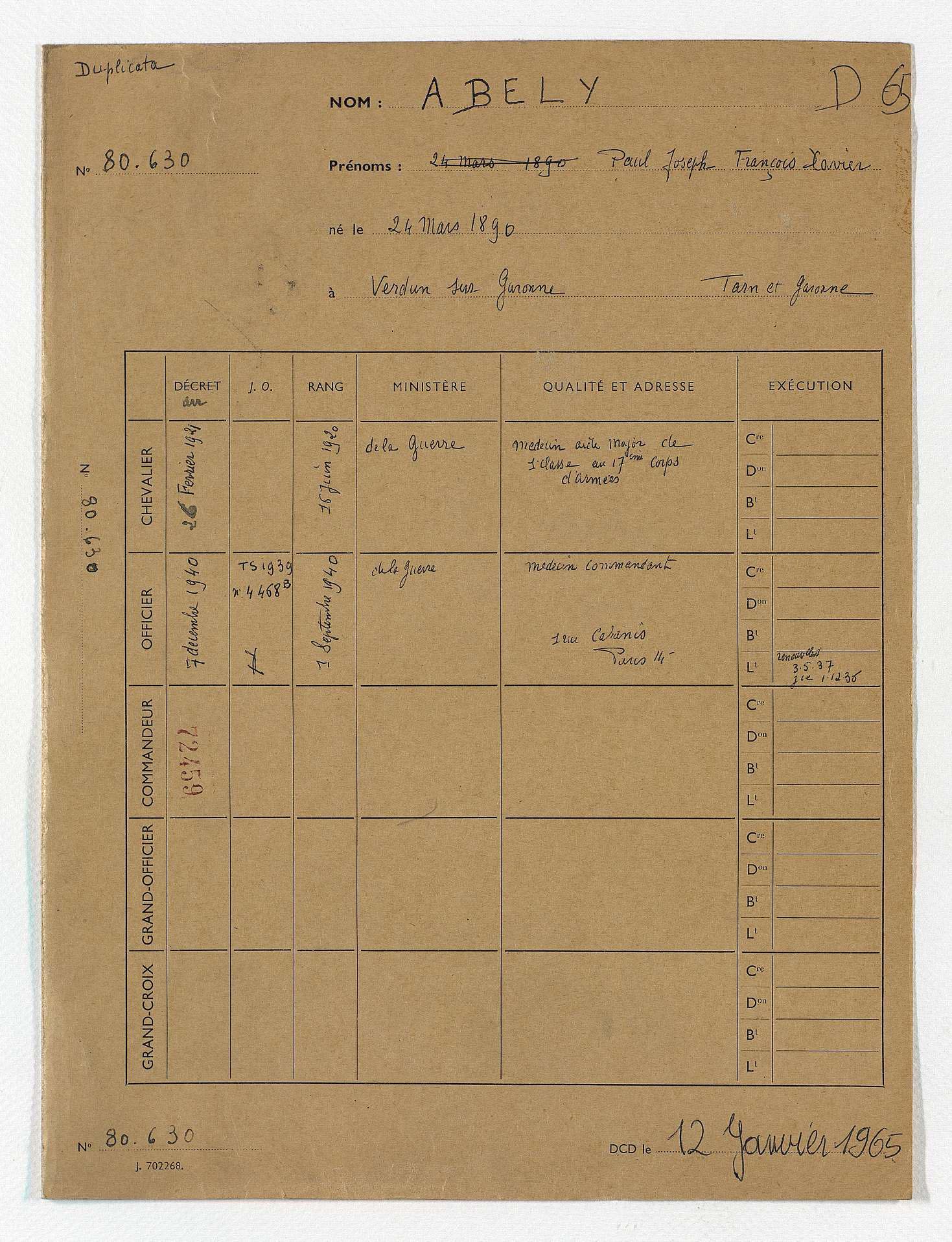 Abely, Paul Joseph François Xavier (1890-....) (FranceArchives)