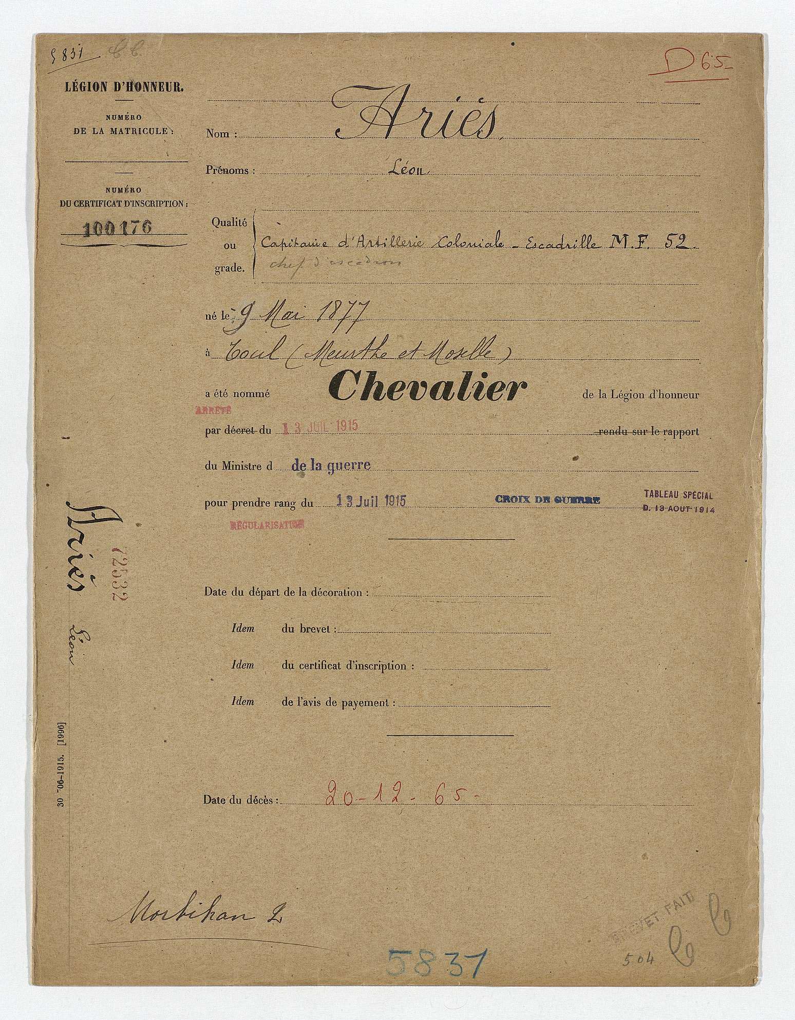 Ariès, Léon (1877-....) (FranceArchives)