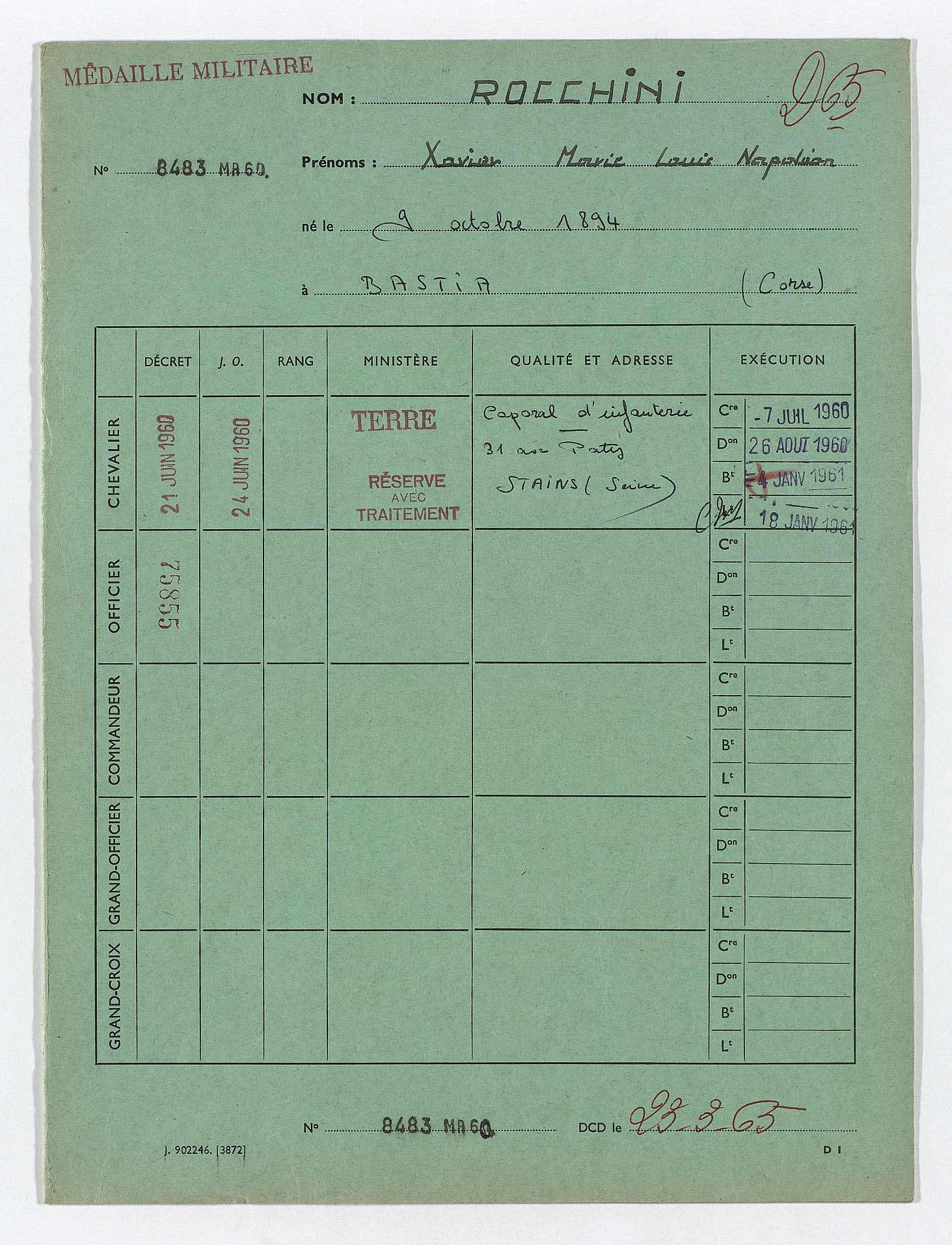 Rocchini, Xavier Marie Louis Napoléon (1894-....) (FranceArchives)