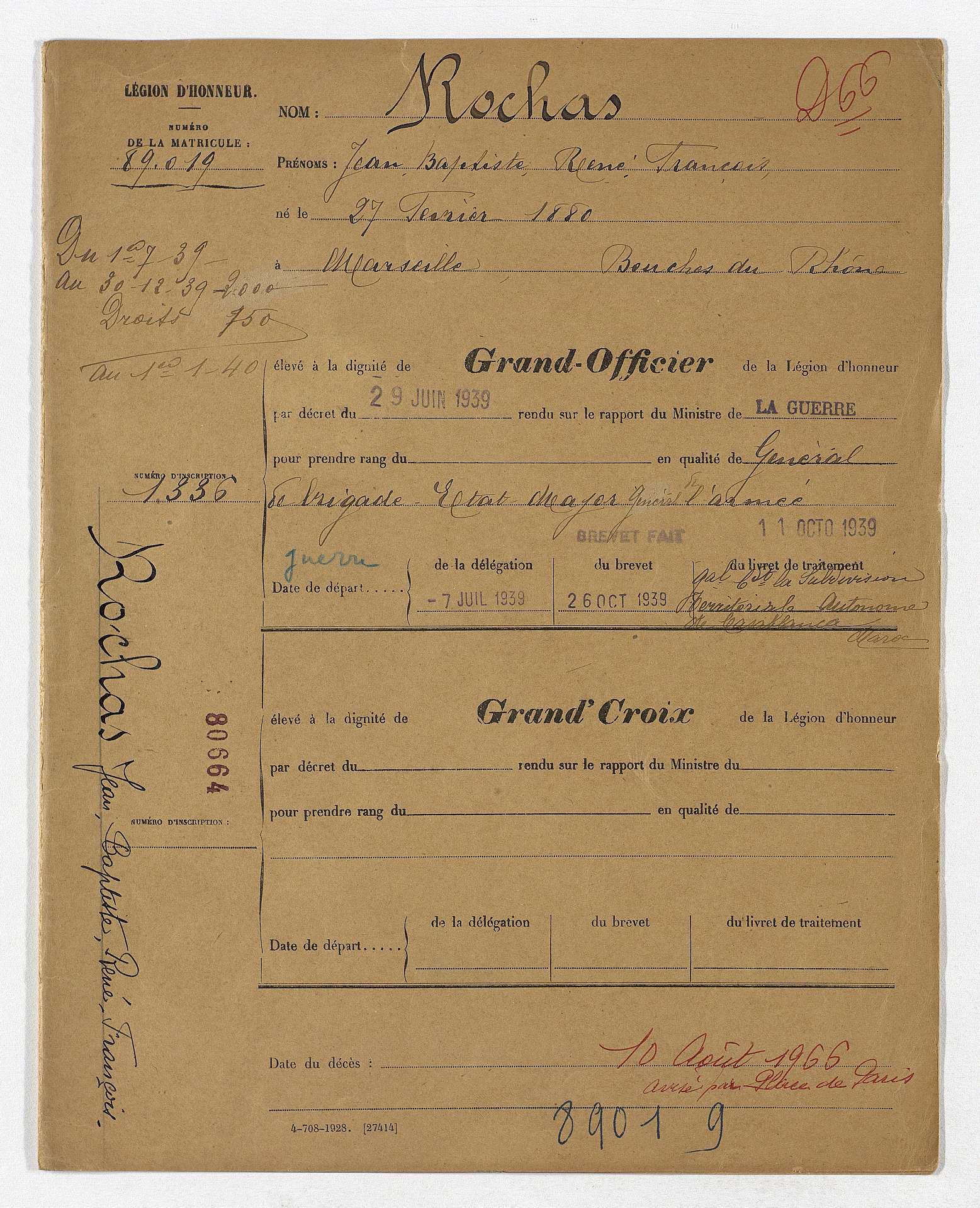 Rochas, Jean Baptiste René François (1880-....) (FranceArchives)