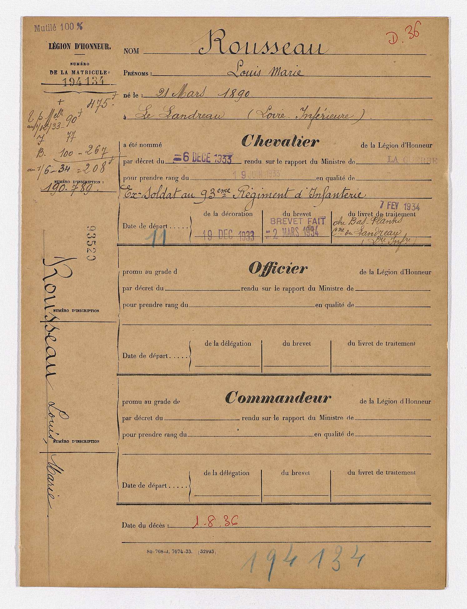 Rousseau, Louis Marie (1890-....) (FranceArchives)