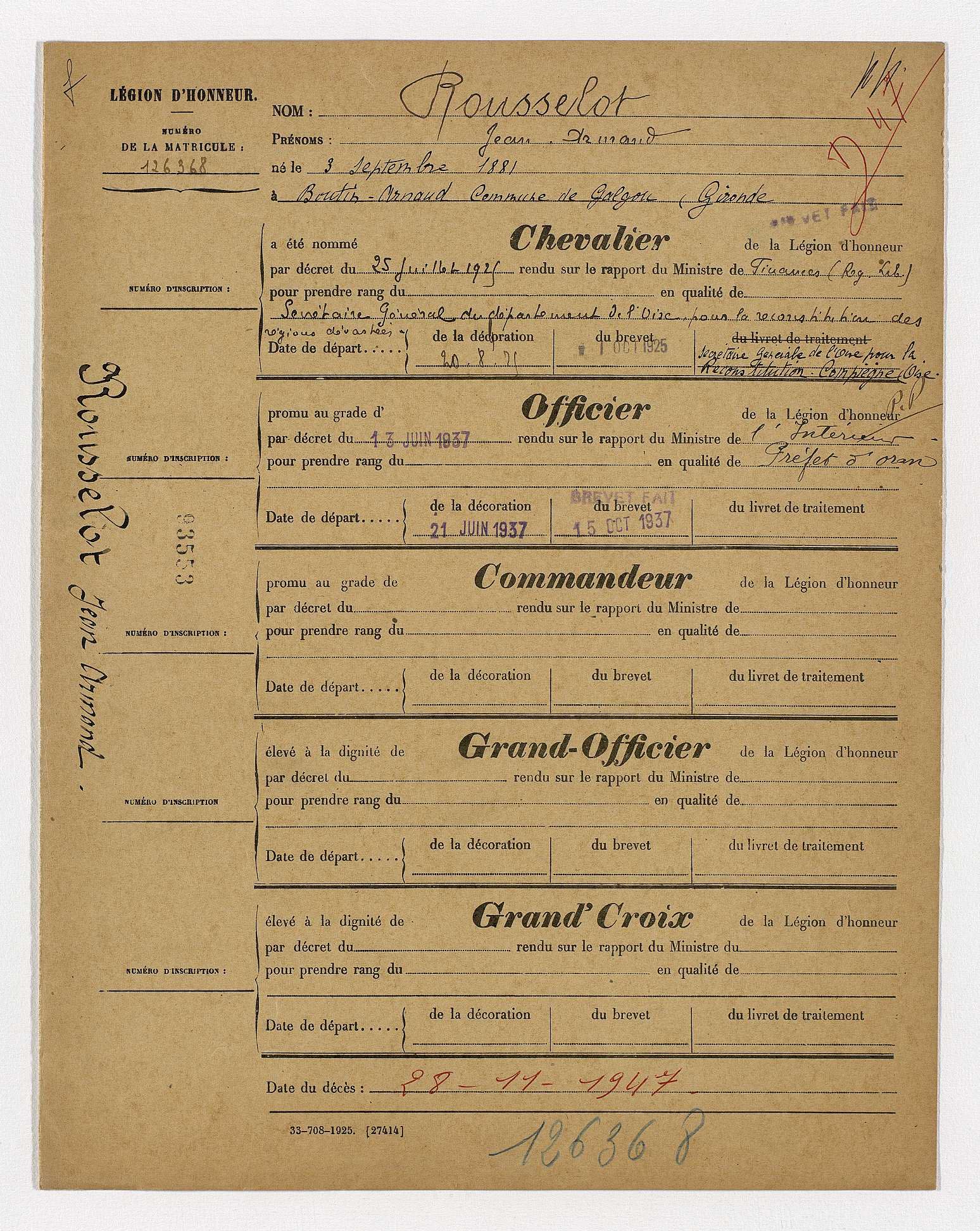 Rousselot, Jean Armand (1881-....) (FranceArchives)