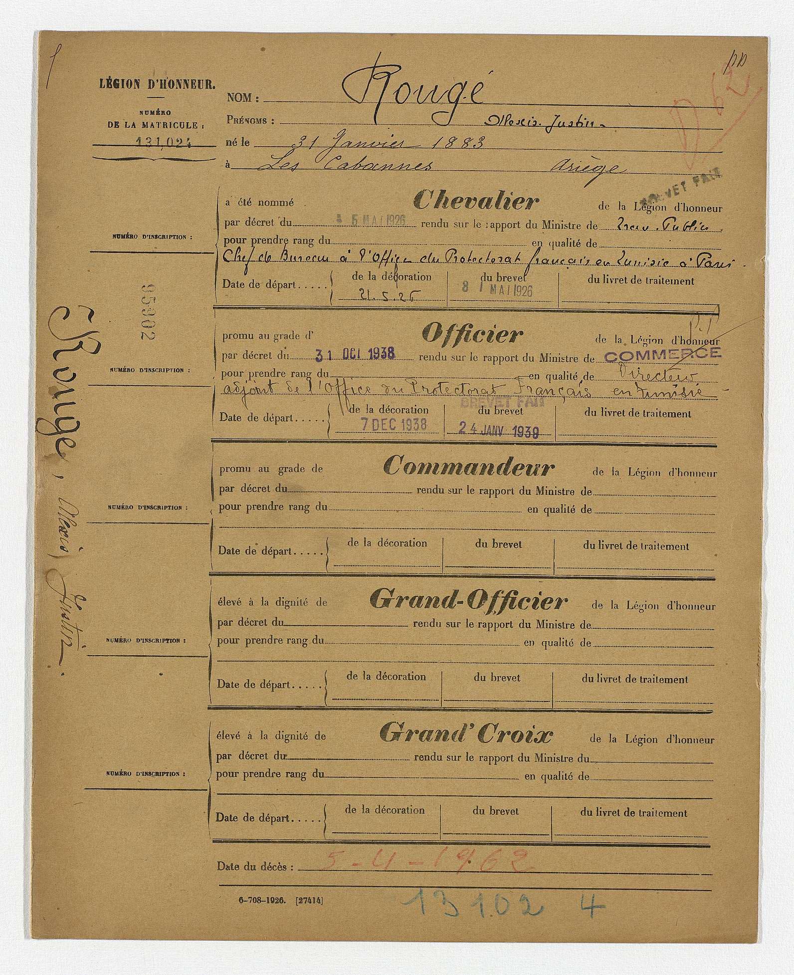 Rougé, Alexis Justin (1883-....) (FranceArchives)