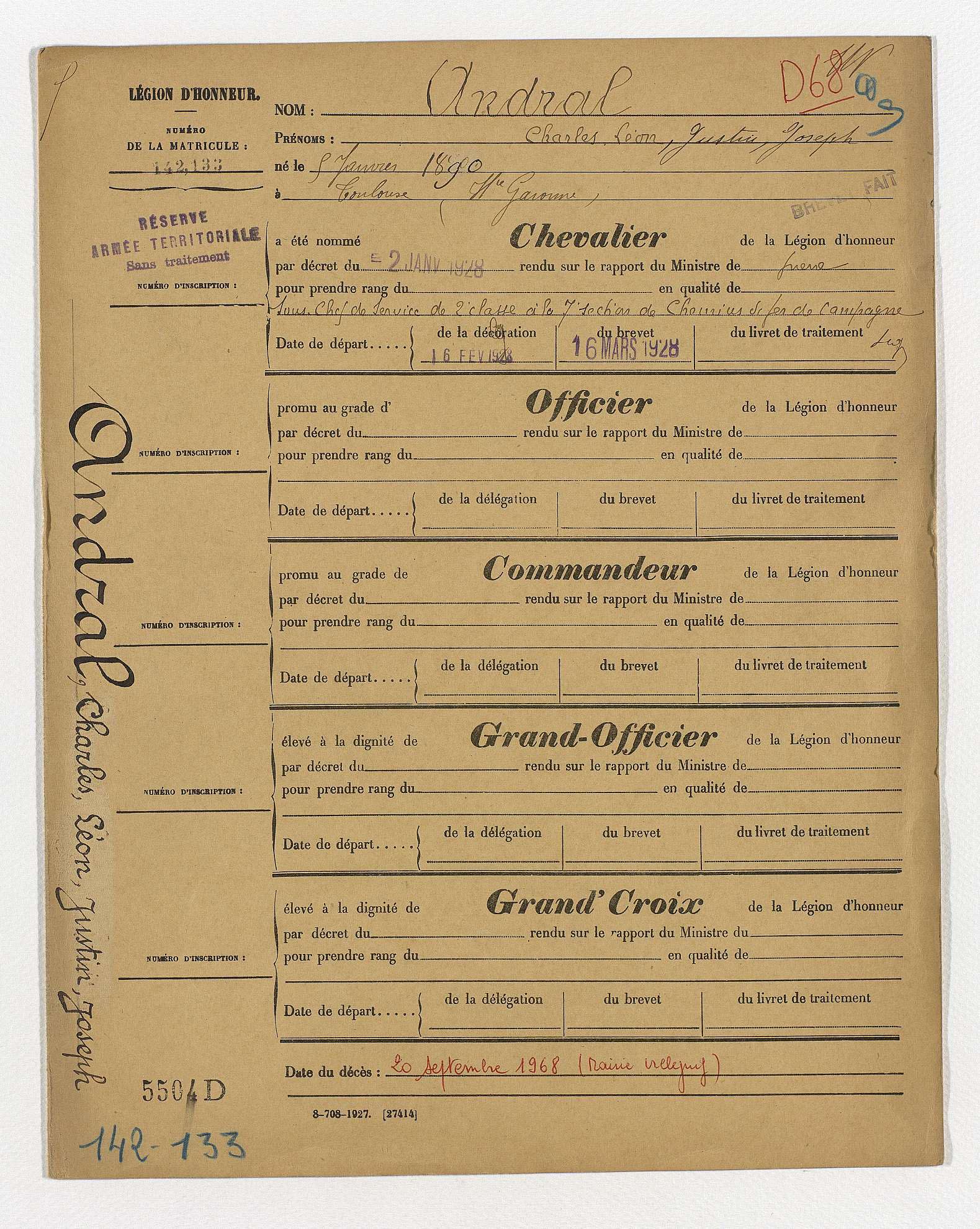 Andral, Charles Léon Justin Joseph (1890-....) (FranceArchives)