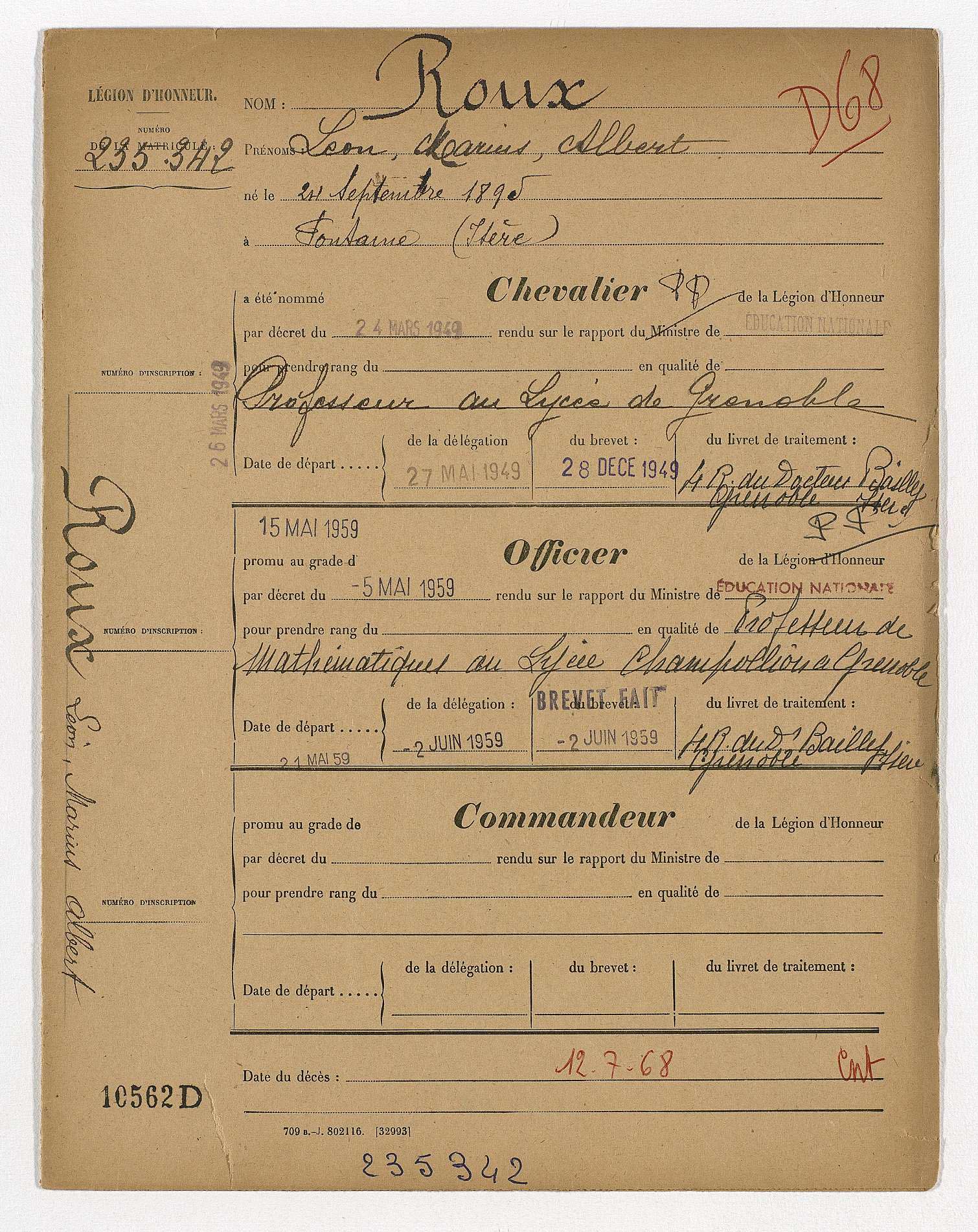 Roux, Léon Marius Albert (1895-....) (FranceArchives)