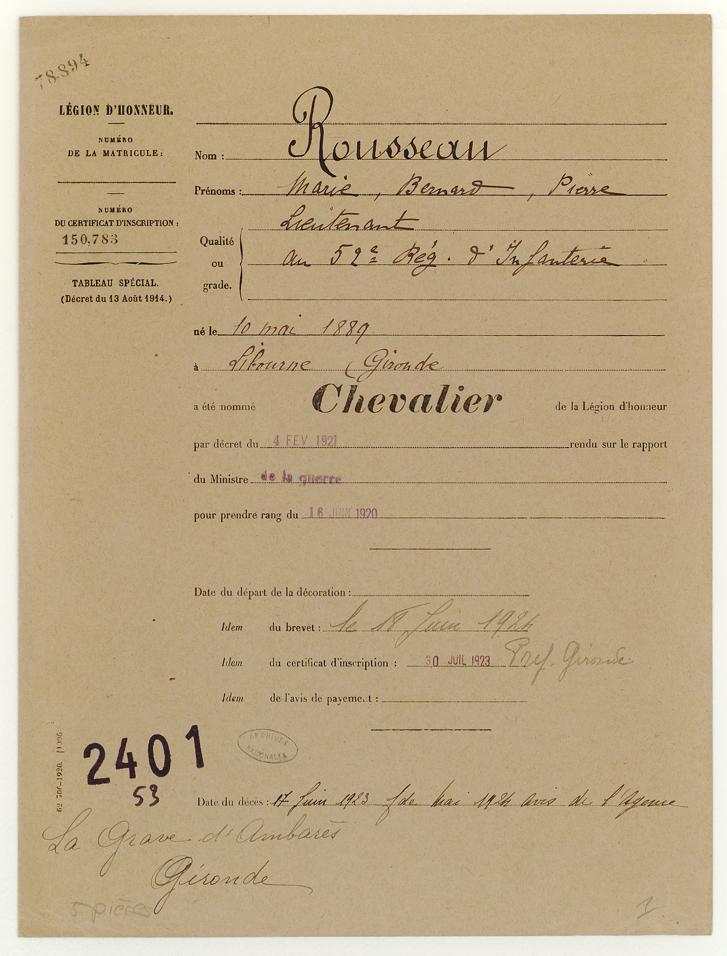 Rousseau, Marie Bernard Pierre (1889-....) (FranceArchives)