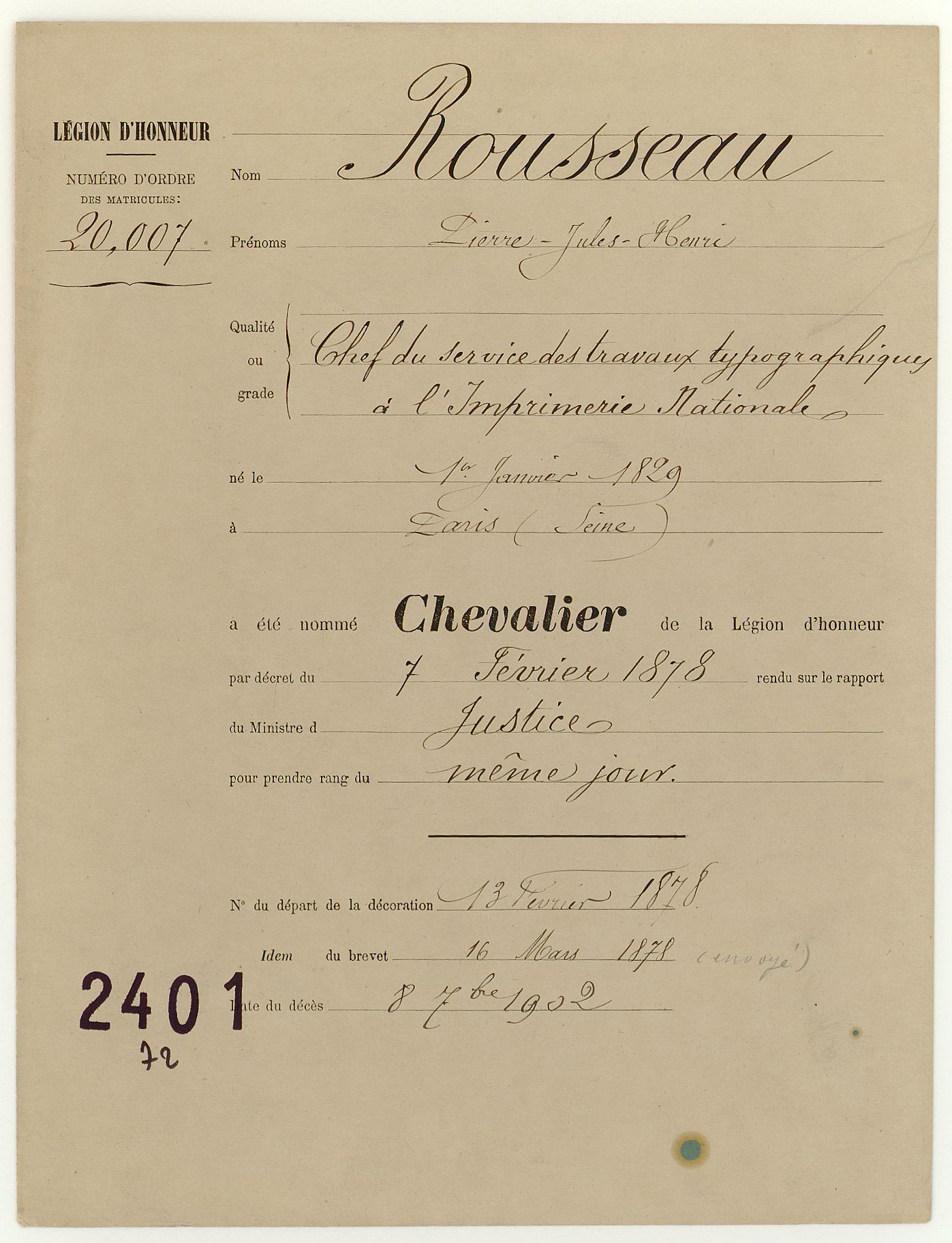 Rousseau, Pierre Jules Henri (1829-....) (FranceArchives)