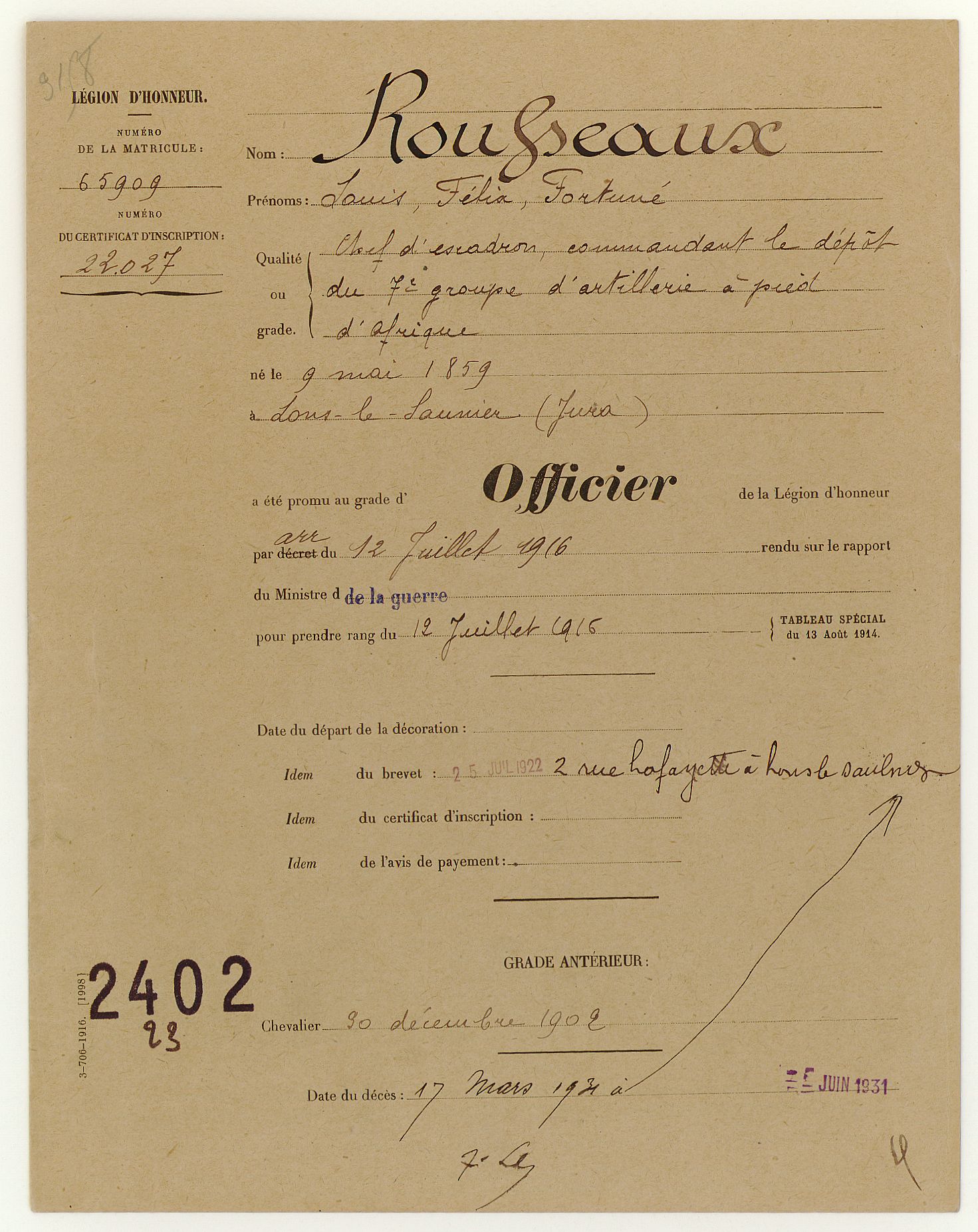 Rousseaux, Louis Félix Fortune (1859-....) (FranceArchives)