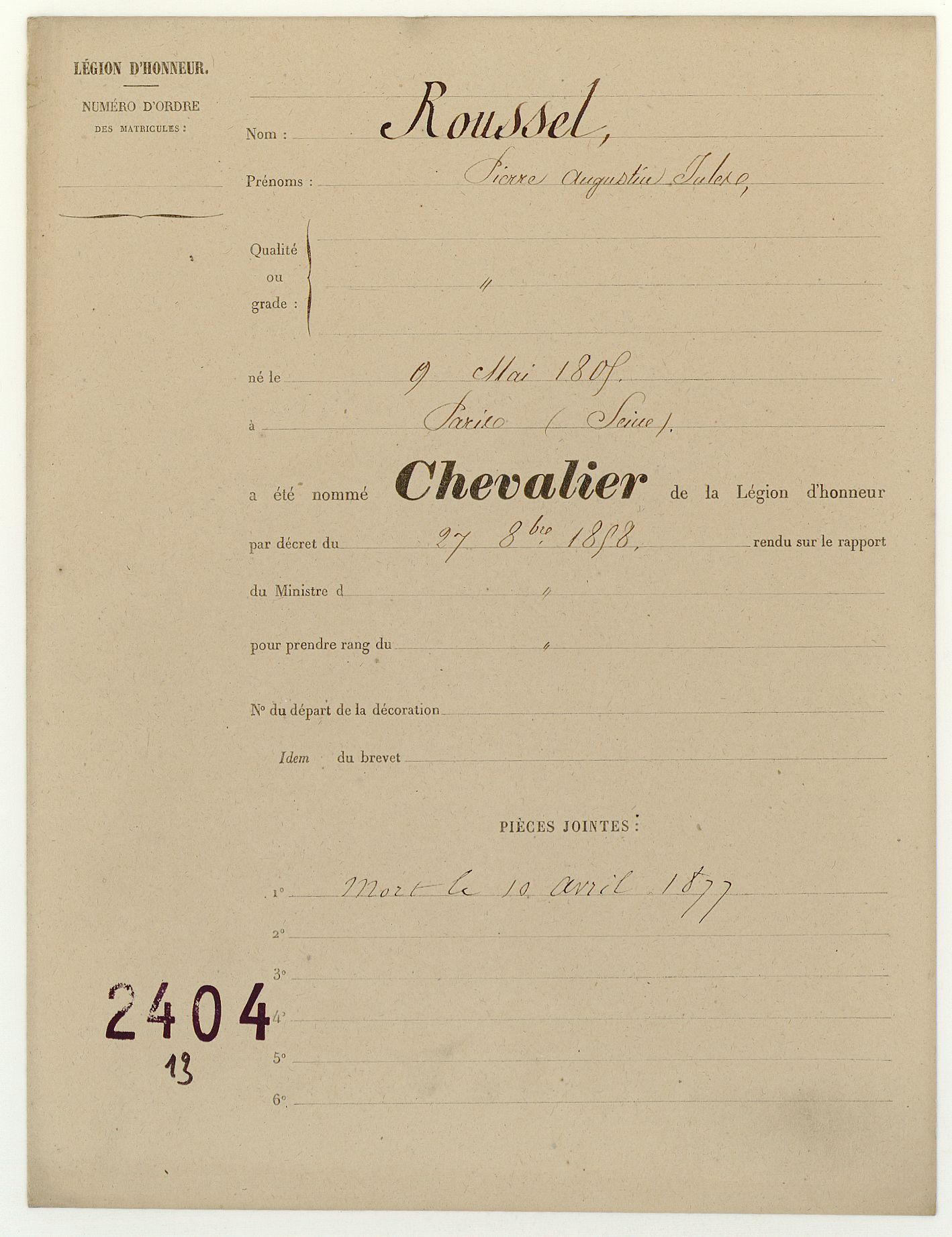 Roussel, Pierre Auguste Jules (1805-....) (FranceArchives)