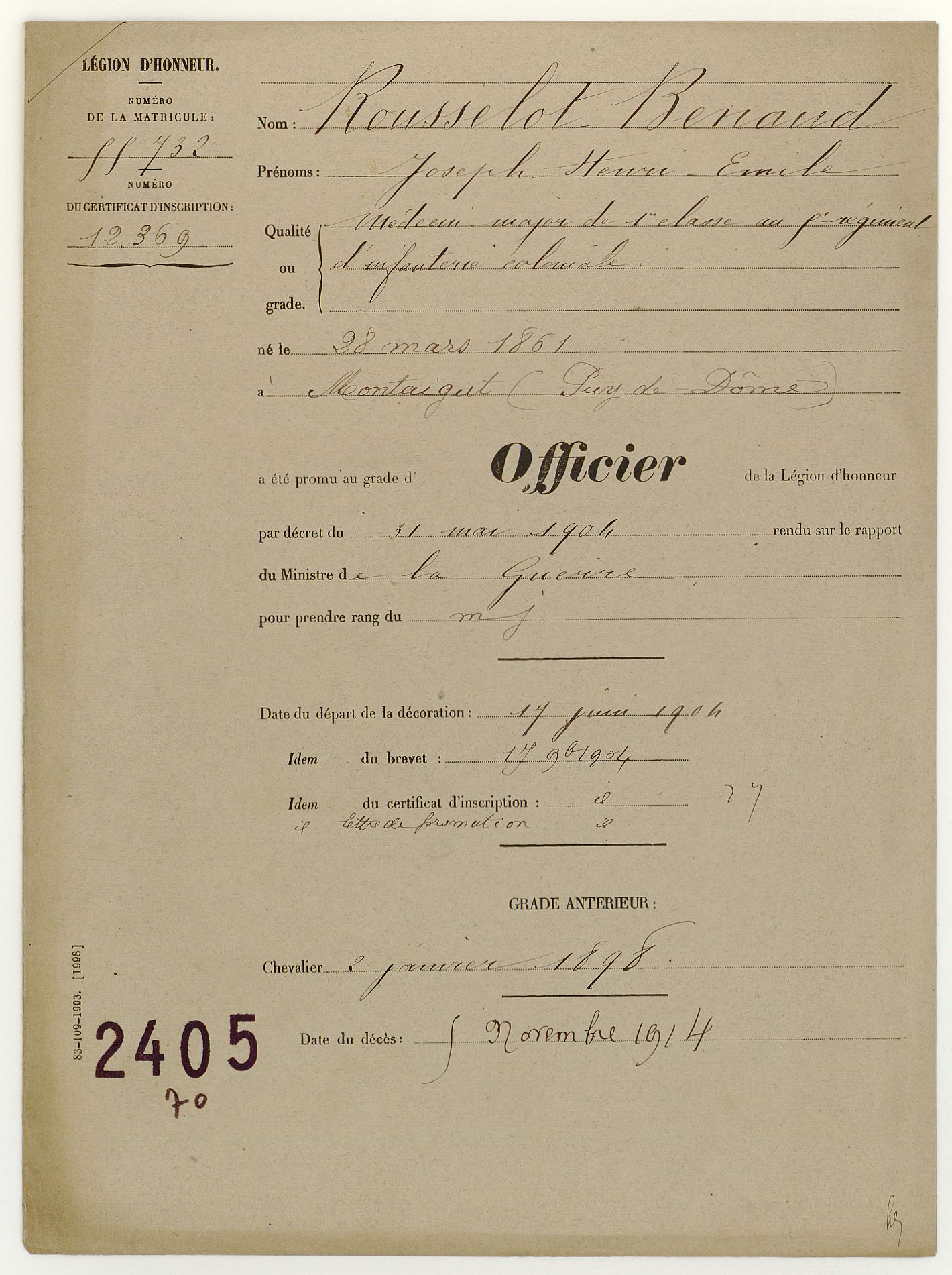 Rousselot-benaud, Joseph Henri Emile (1861-....) (FranceArchives)