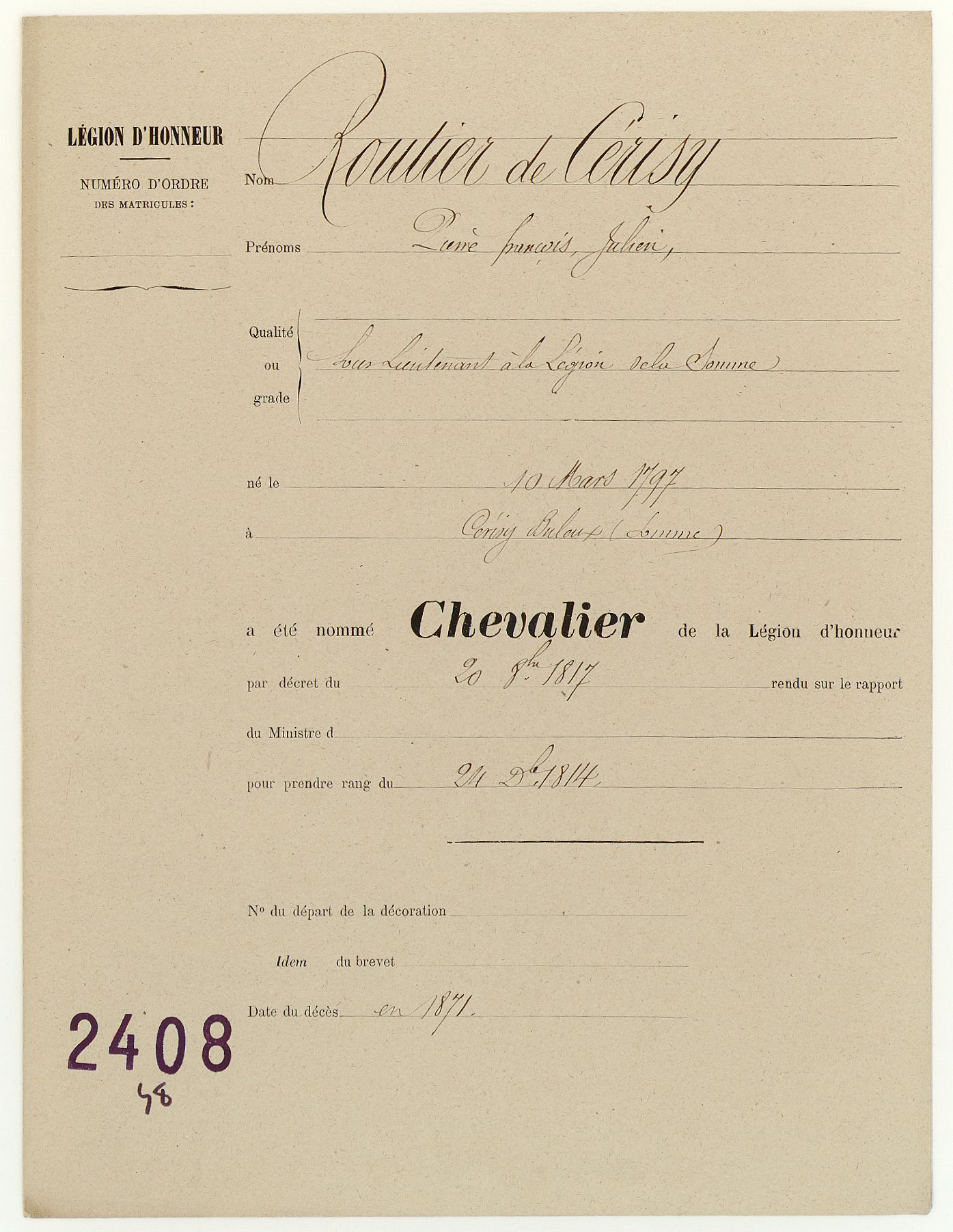 Routier De Cerisy, Pierre François Julien (1797-....) (FranceArchives)