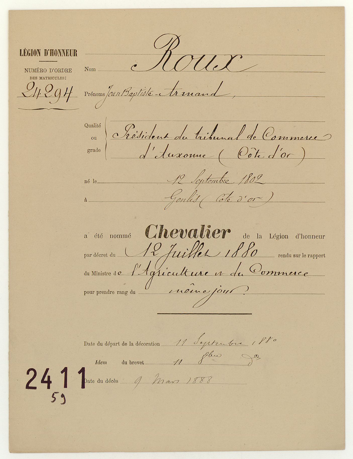 Roux, Jean Baptiste Armand (1802-....) (FranceArchives)