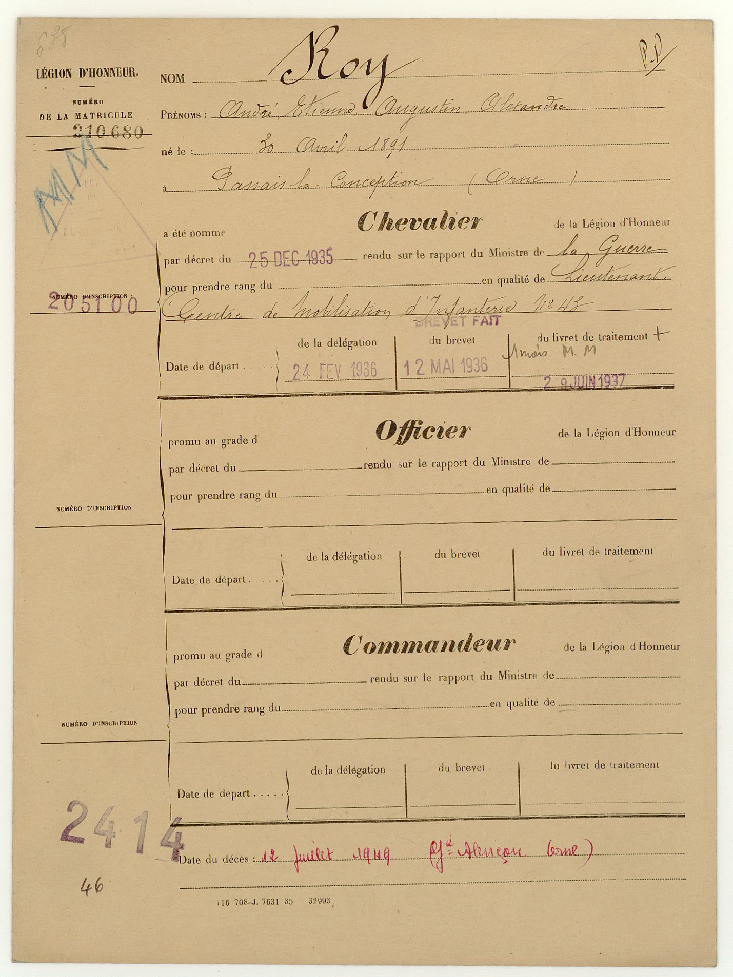 Roy, André Etienne Augustin Alexandr (1891-....) (FranceArchives)