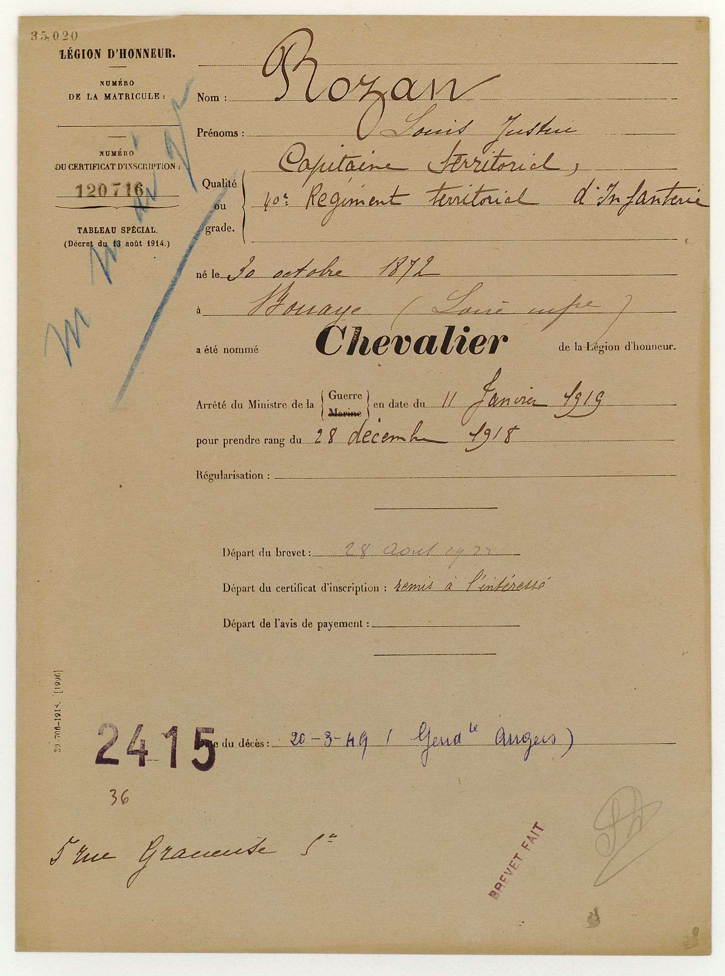 Rozan, Louis Justin (1872-....) (FranceArchives)