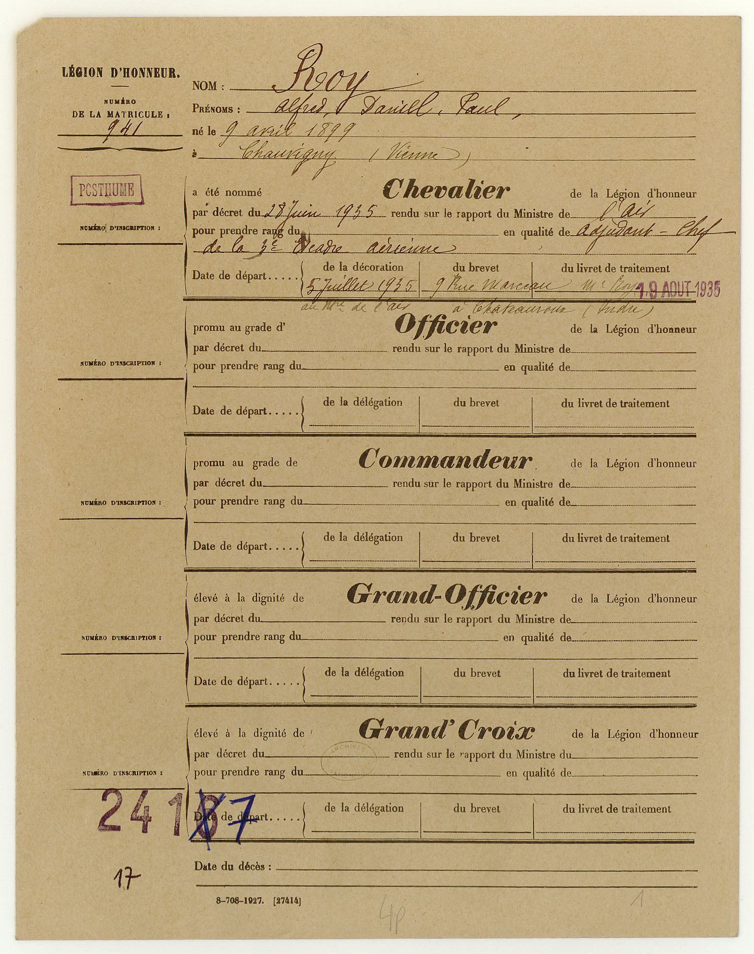 Roy, Alfred Daniel Paul (1899-....) (FranceArchives)