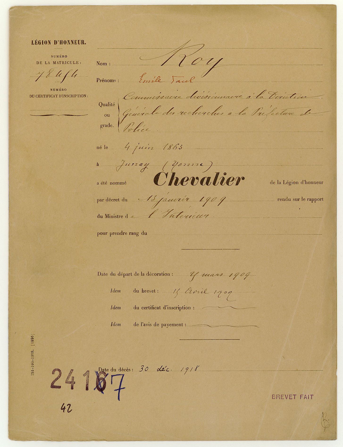 Roy, Emile Paul (1863-....) (FranceArchives)