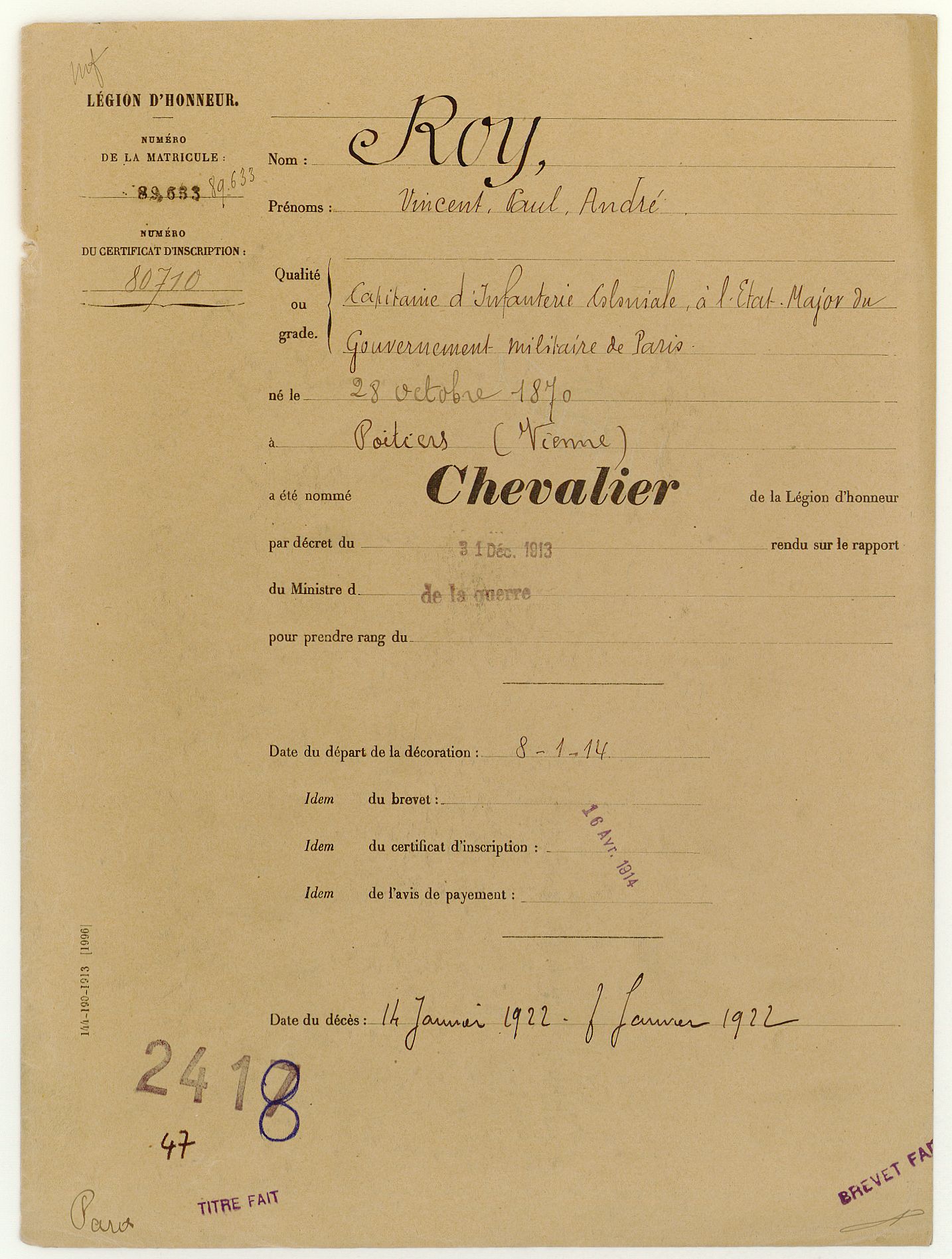 Roy, Vincent Paul André (1870-....) (FranceArchives)