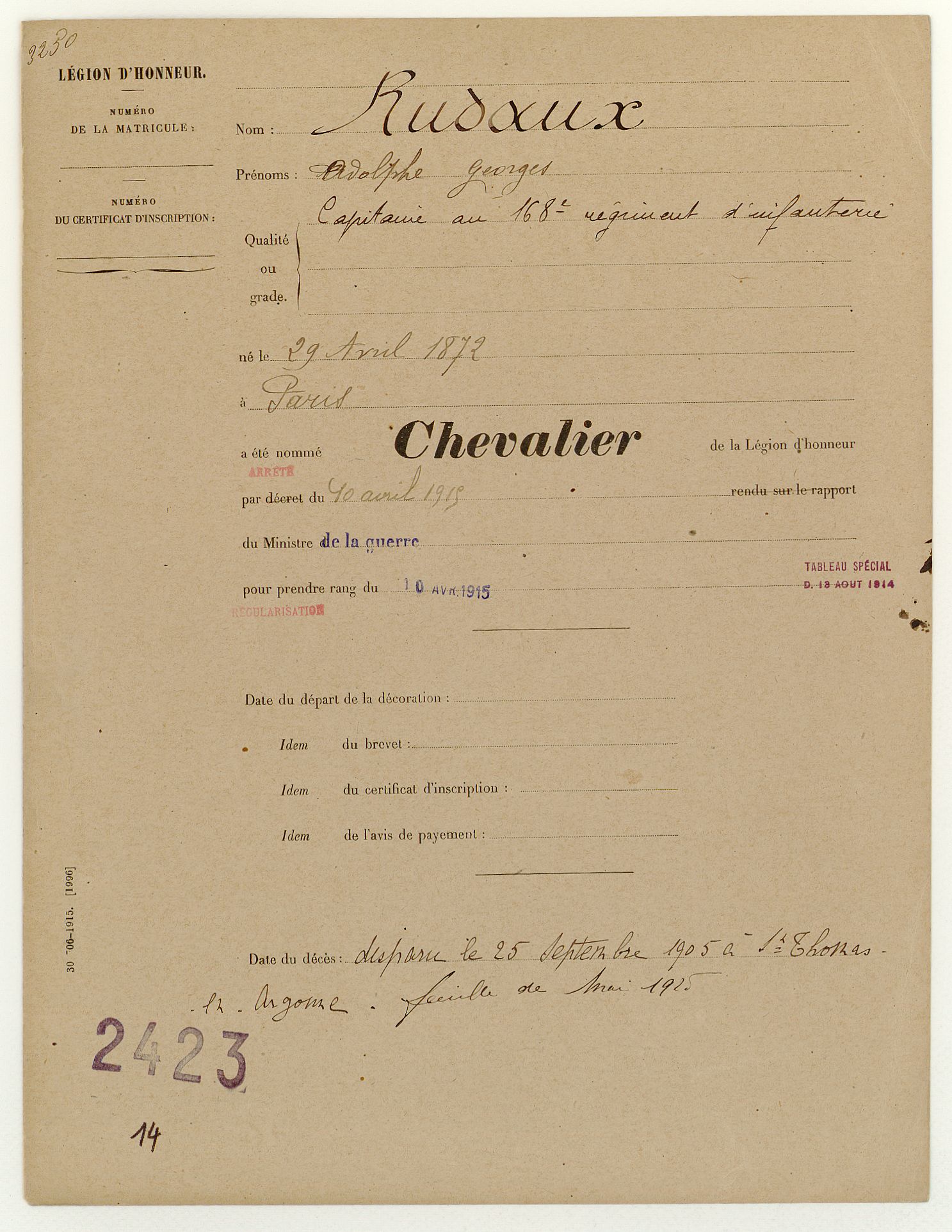 Rudaux, Adolphe Georges (1872-....) (FranceArchives)