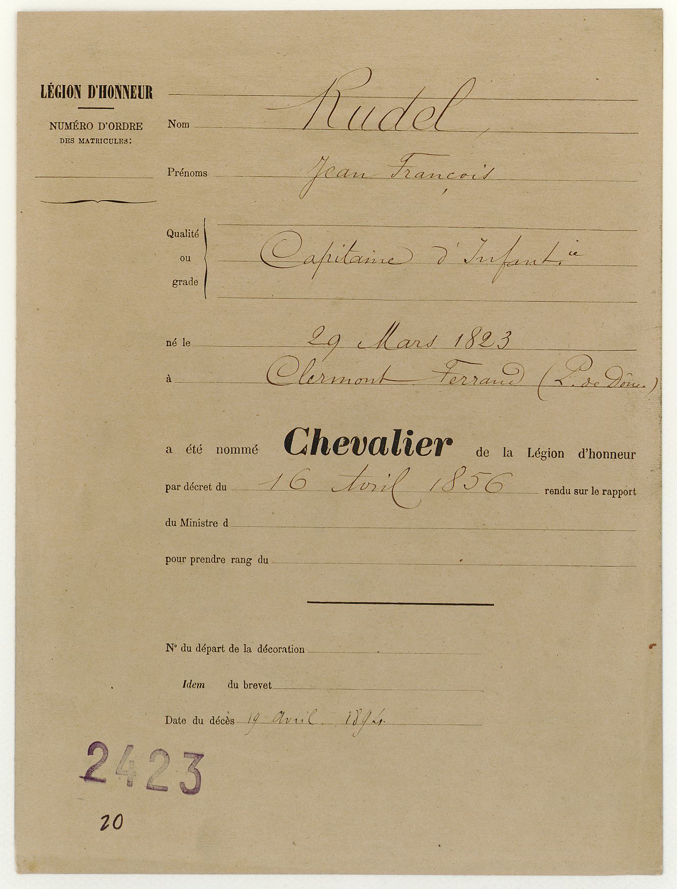 Rudel, Jean François (1823-....) (FranceArchives)