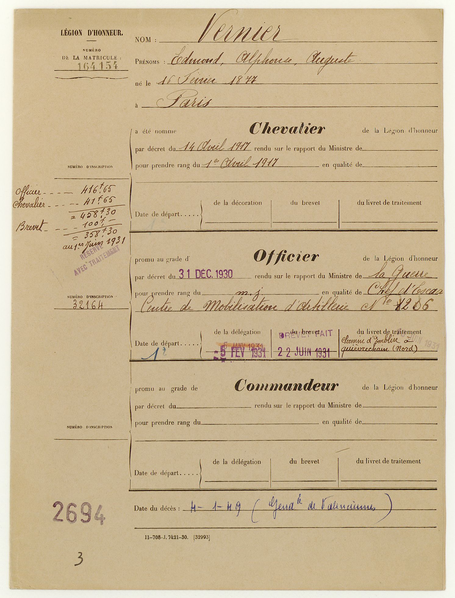 Vernier, Edmond Alphonse Auguste (1877-....) (FranceArchives)