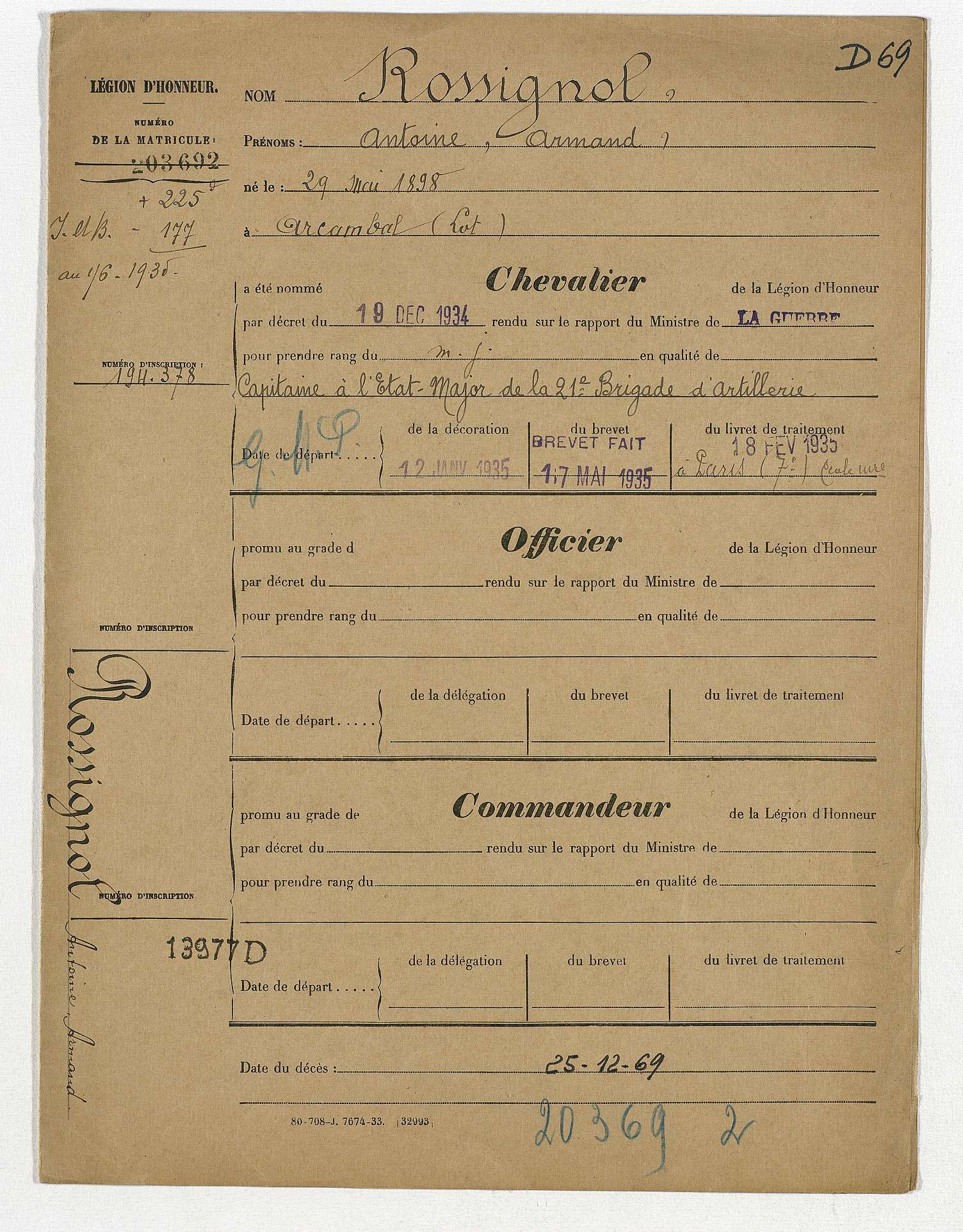 Rossignol, Antoine Armand (1898-....) (FranceArchives)