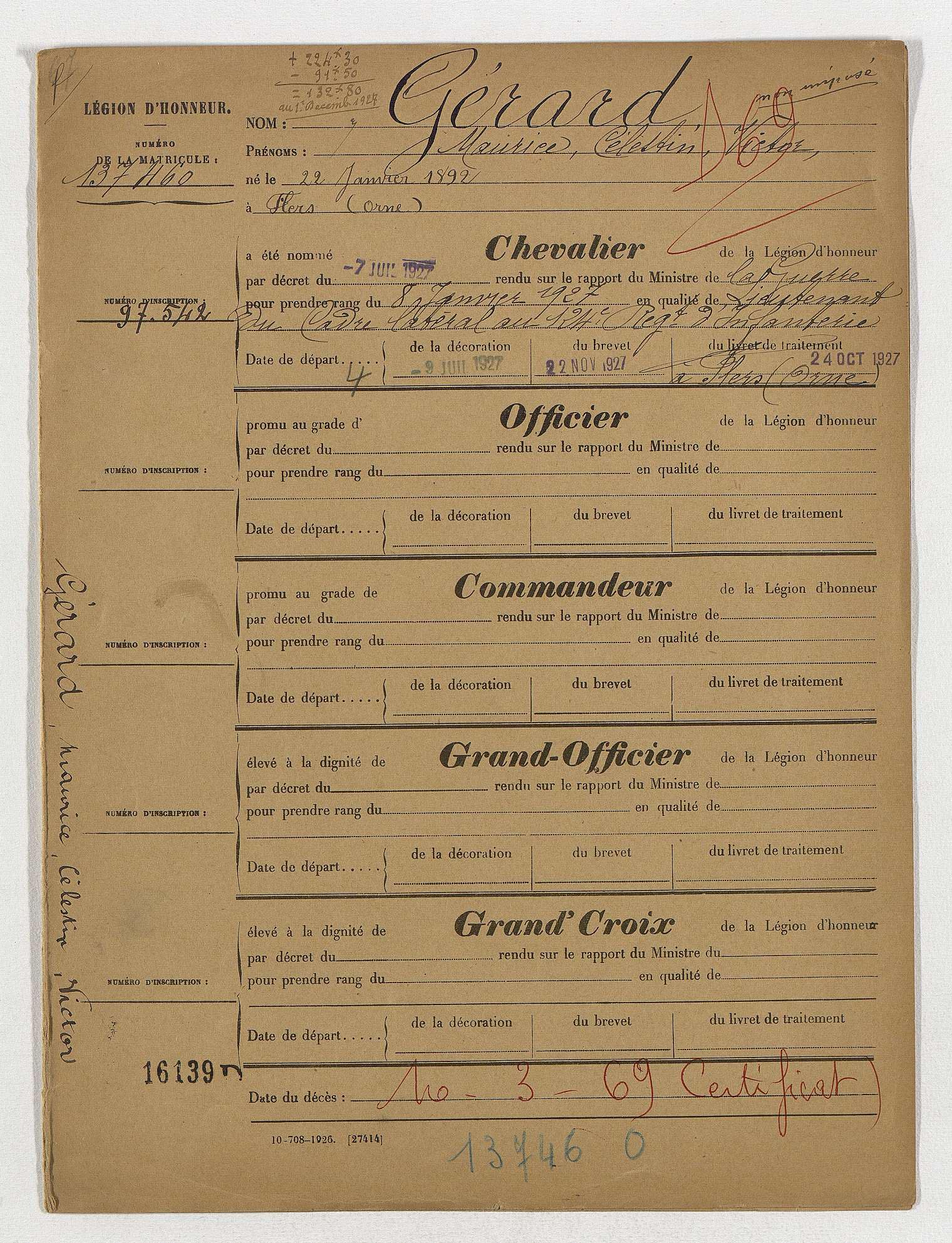 Gérard, Maurice Célestin Victor (1892-....) (FranceArchives)