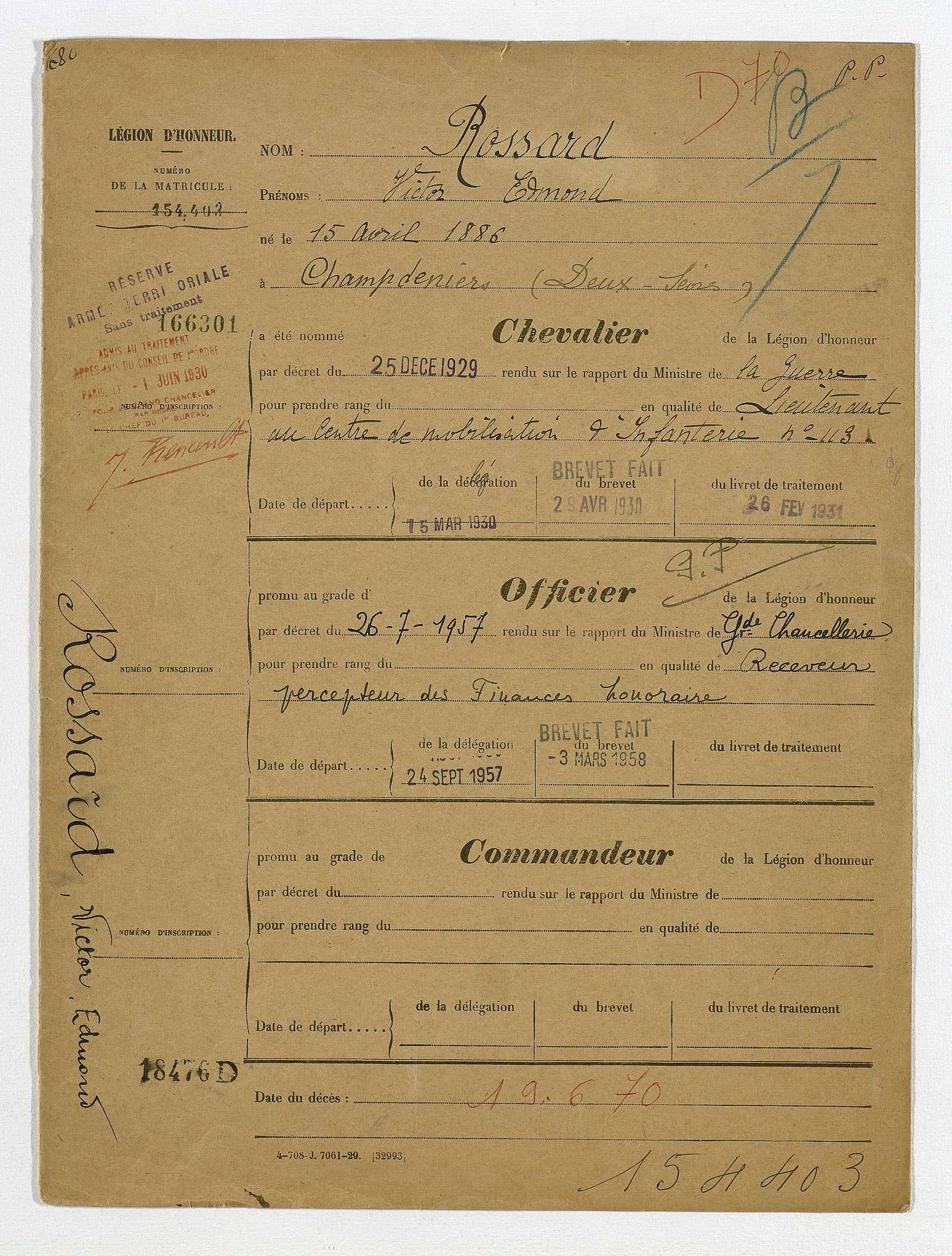 Rossard, Victor Edmond (1886-....) (FranceArchives)